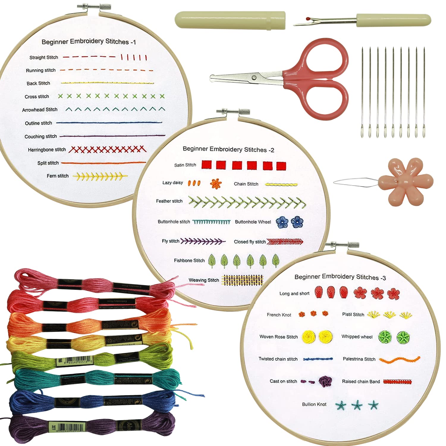 GOONAVI Beginner Embroidery Stitch Practice Kit, 3 Sets Embroidery Kit Include Embroidery Cloth with 30 Different Stitches Pattern Instructions Embroidery Hoops Threads and Tools for Craft Lover