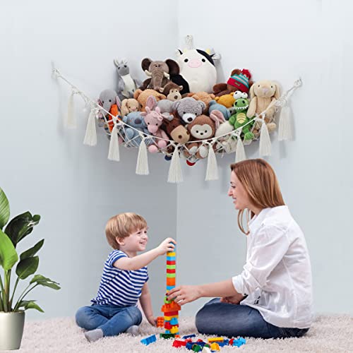 Mingtex Stuffed Animal Net or Hammock – Decorative Macrame Toy Hammocks for Kids Toys, Large Soft Net with LED Start Light String, Wall Hanging Hooks, and Wooden Photo Display Clips, Toy holder