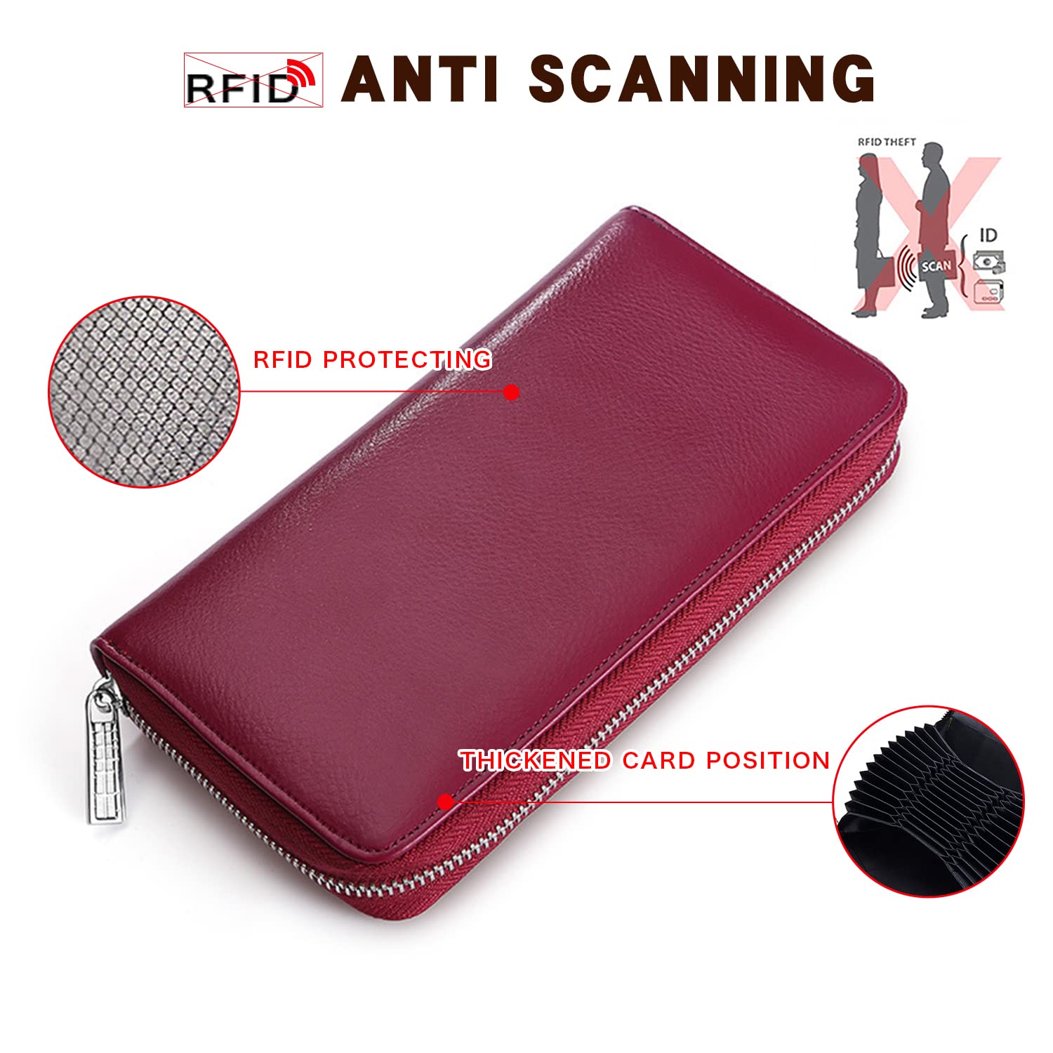 LOKNGXU Women's Large Capacity Wallet Genuine Leather Credit Card Wallet 36 Card Slots Billfold Coin Purse Zip Around Checkbook Wallet RFID Blocking (wine red color)
