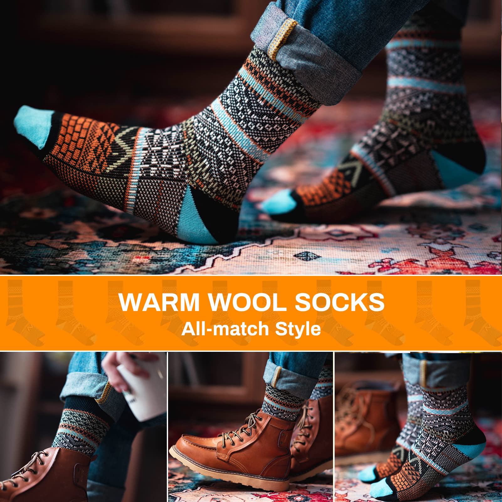 Luckit 6 Pack Wool Socks for Men Women, Warm Cotton Socks Winter Cabin Socks, Vintage Fall Patterned Socks Unisex Knit Socks (Retro stripes)