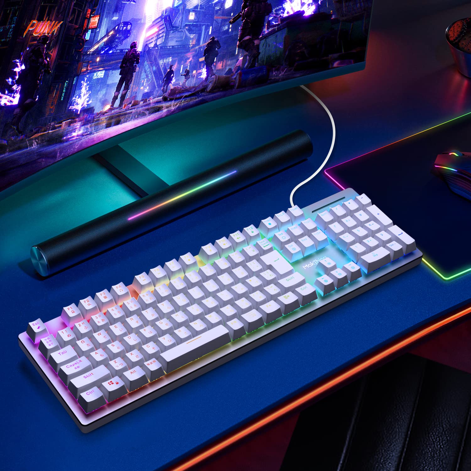 MakThing K77 Gaming Keyboard, Red Switches, Linear, Wired, Mechanical Keyboard, Quiet, Japanese Layout, RGB, USB, Thin, Heavy Duty Aluminum Top Plate, White