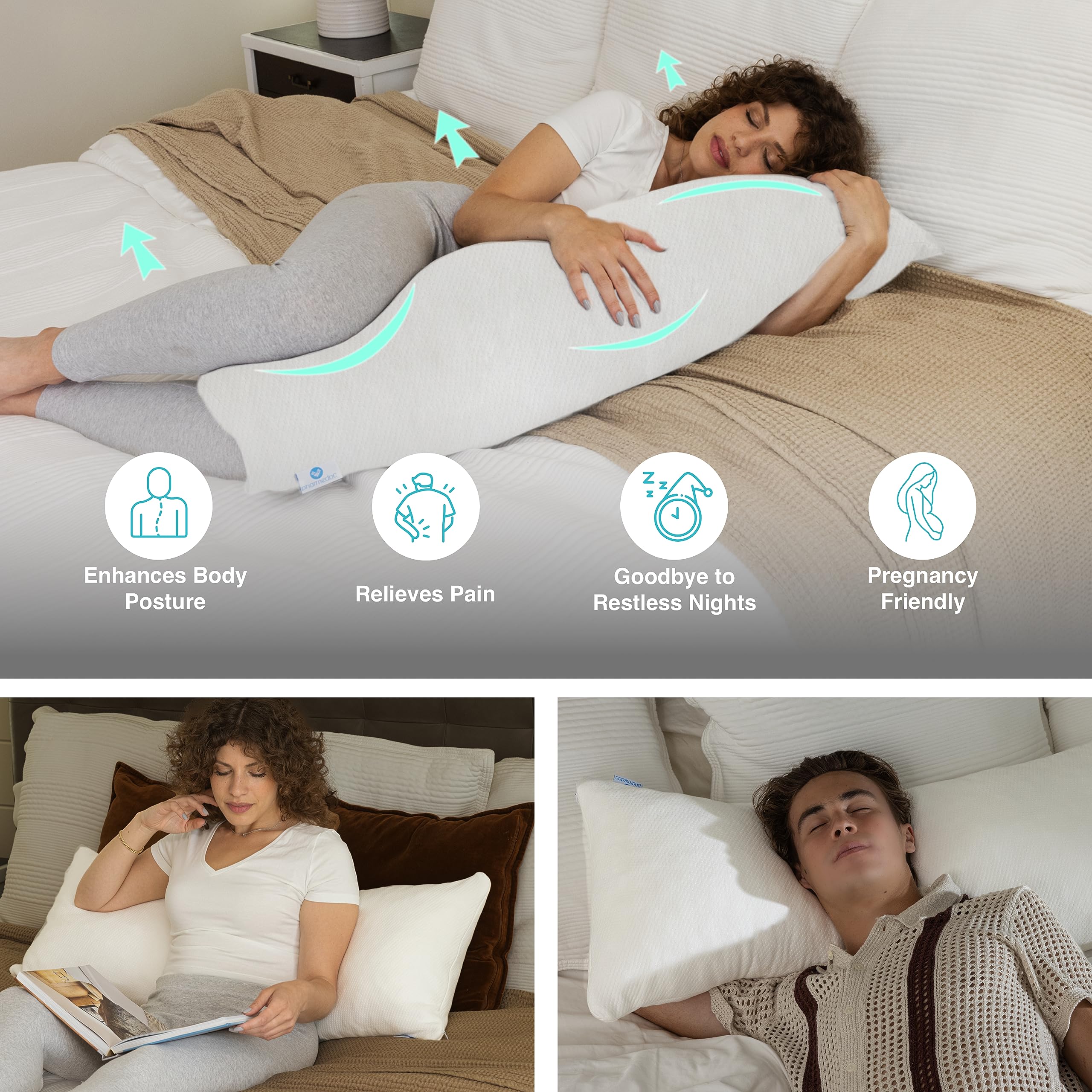 Pharmedoc Body Pillow, Pregnancy Pillow, Side Sleeper Pillow, Body Pillow for Adults, Memory Foam Pillow, Cooling Grey