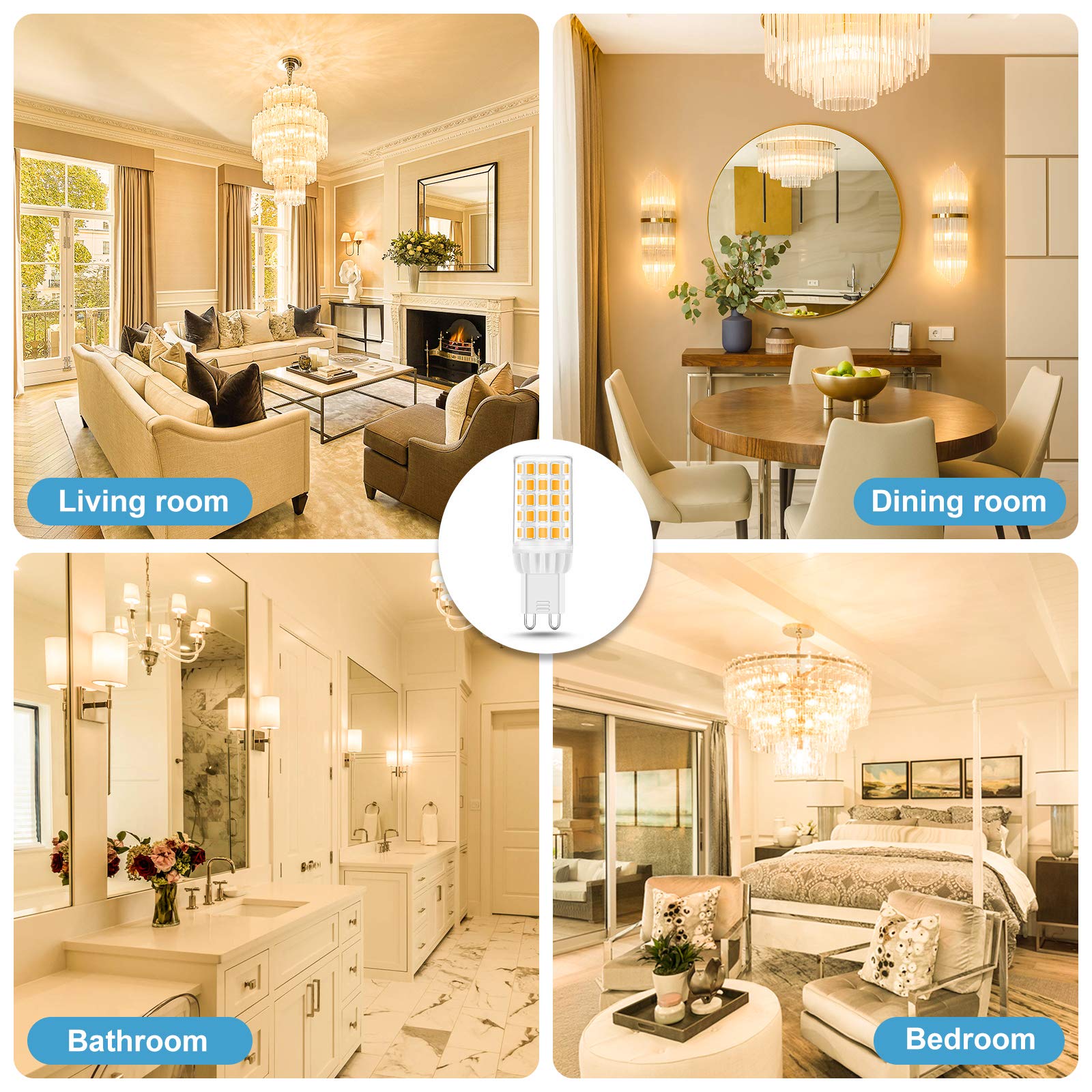 JandCase G9 LED Bulb Dimmable, G9 LED Light Bulbs, 6W (60W Halogen Equivalent), Soft White 3000K, 600LM, G9 Bi-pin Base, 360° Beam Angle, for Home Lighting, Ceiling Lamp, Chandelier, 2 Pack
