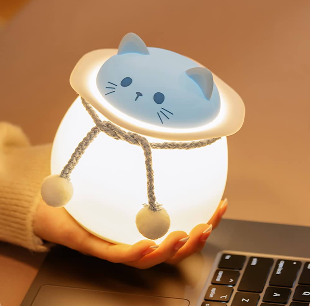 Meefad Cute Cat Night Light, Kids Table lamp with 7 Colors Changing, Soft Silicone Bedside Lamp, USB Rechargeable Accent Lamp