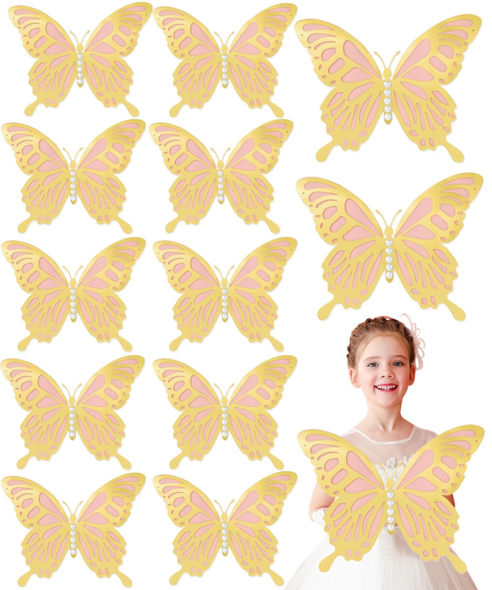HMASYO 12 Pcs Large Butterfly Party Decoration with Pearls, Gold Pink Big Paper Butterflies in 2 Size, 3D Giant Butterfly Prop Decoration for Birthday Baby Shower Nursery Bedroom Wedding