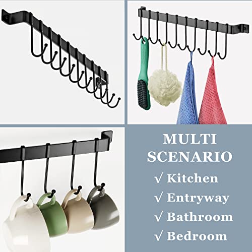 JEPRECO Kitchen Rail with 10 Hooks, Wall Mounted Iron Utensil Holder Hanging Pot Pan Rack Mug Cup Organizer,17 Inch Black