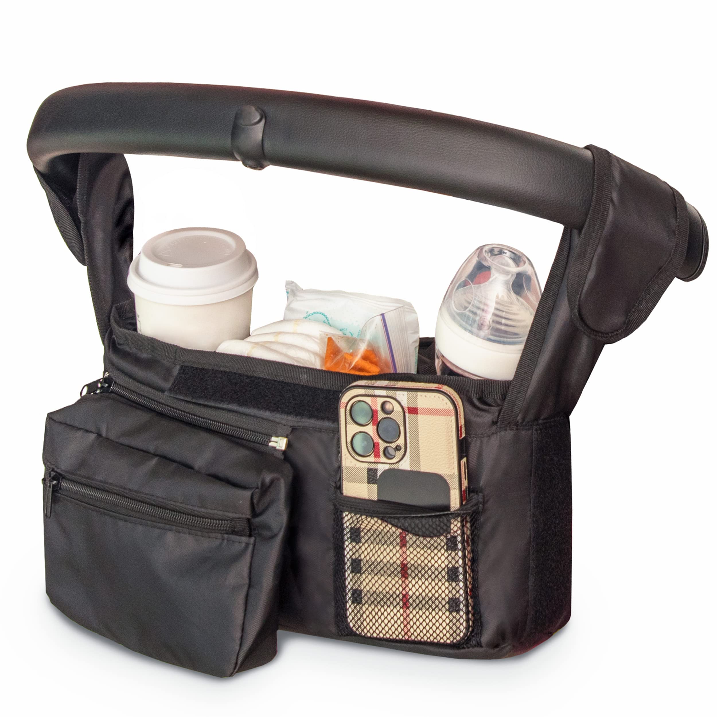 Pharmedoc Universal Stroller Organizer with Cup Holder, Stroller Caddy, Cup holder, Phone Holder Pocket, Detachable Zippered Pouch