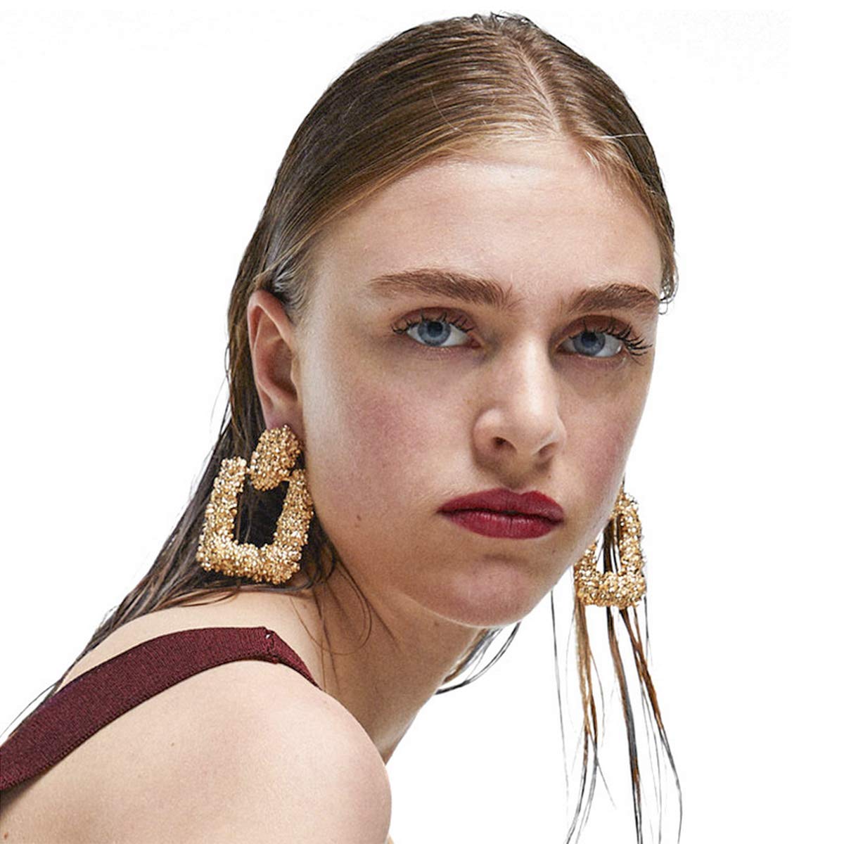 Gold Square Geometric Dangle Earrings, Fashion Statement Drop Earrings for Women KELMALL COLLECTION