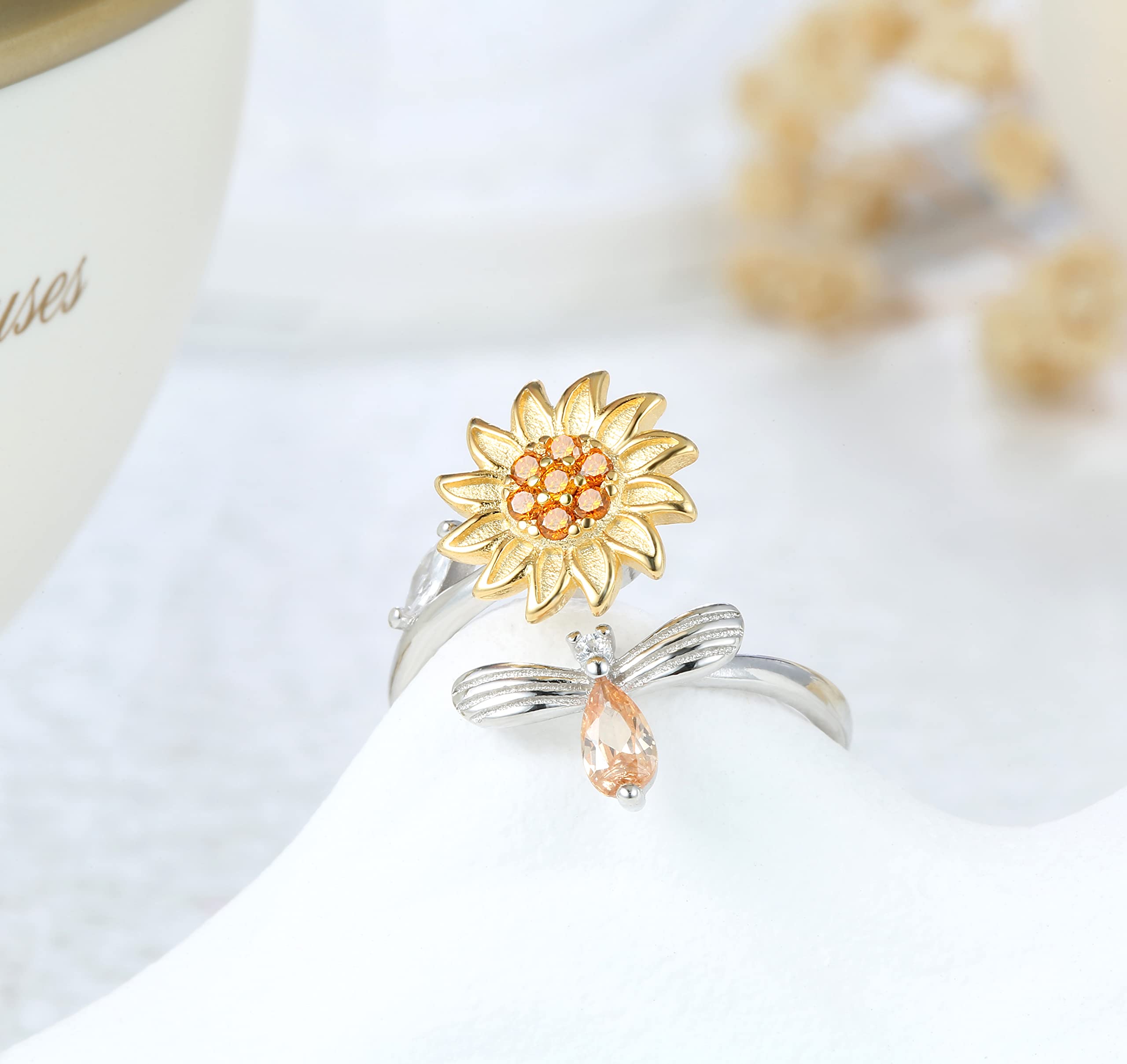 LYLYMIMI Sterling Silver Fidget Anxiety Rings for Women Adjustable Open Ring Cubic Zirconia Sunflower Spinner Jewelry -b