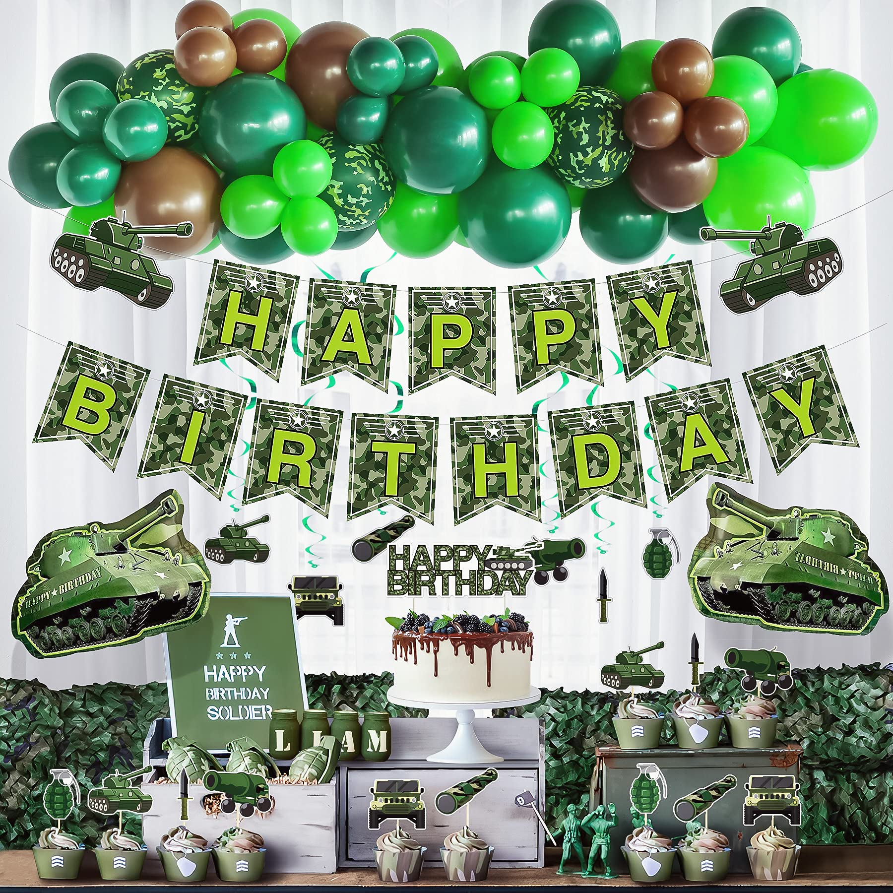 Homond Army Party Decorations, Army Birthday Party Supplies Kit, Army Decorations For Party, Army Banner Cake Topper Swirls, Camouflage Balloon Garland Arch Kit Green Brown