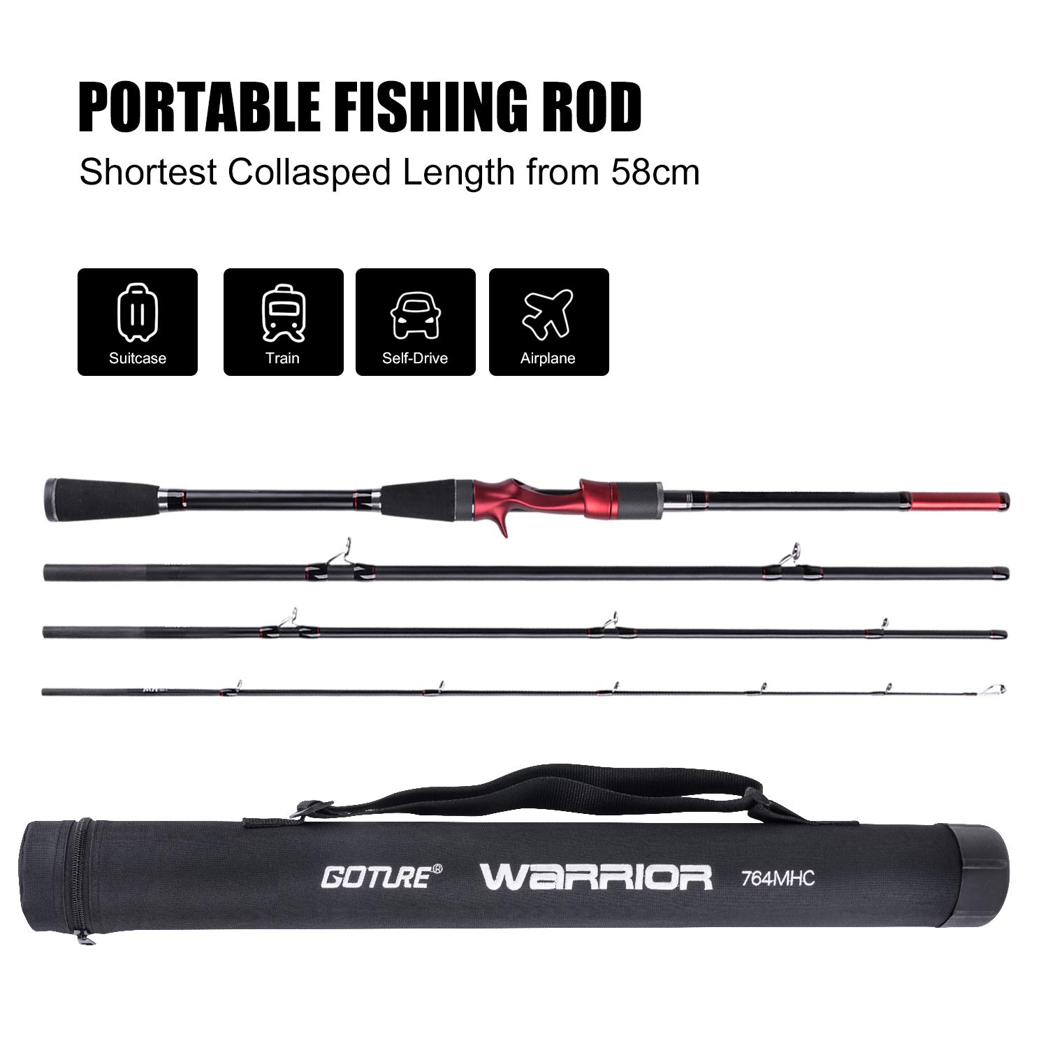 Goture Trout Fishing Pole 9FT Medium Heavy Power 4 Pieces Portable Spinning Fishing Rod with Rod Case