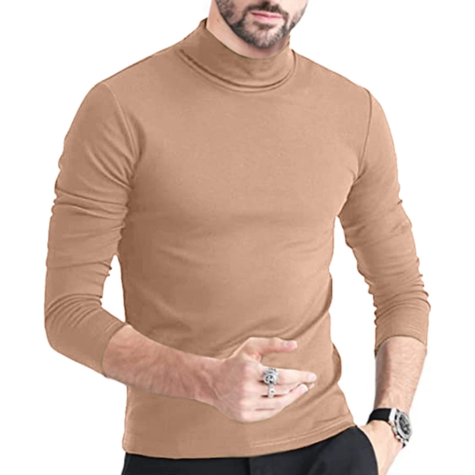 Men's Slim Fit Basic Top Mock Turtleneck Knitted Thermal Undershirts Long Sleeve Lightweight Pullover Sweater Khaki