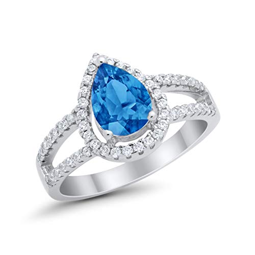 Halo Teardrop Pear Wedding Engagement Bridal Ring Simulated Blue Topaz Cubic Zirconia 925 Sterling SilverSize-5