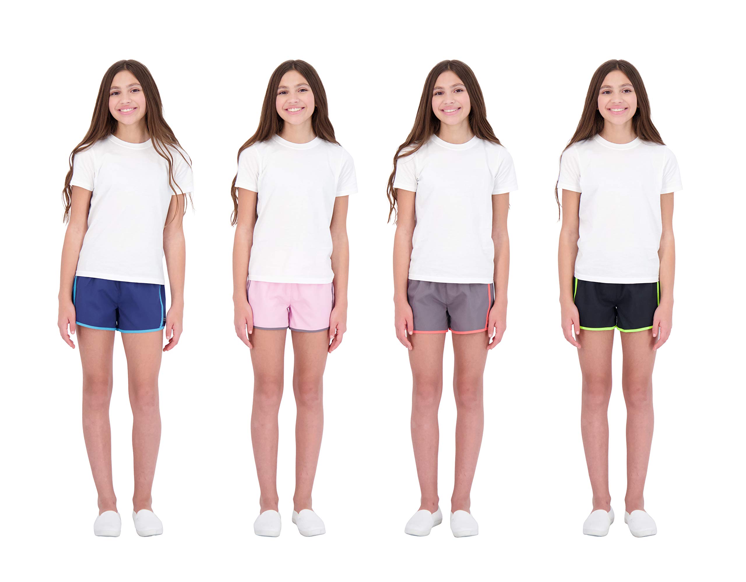 Hind Kids Girls 4-Pack Athletic and Running Activewear Shorts (Black-Blue-Gray-Lilac, 7-8)