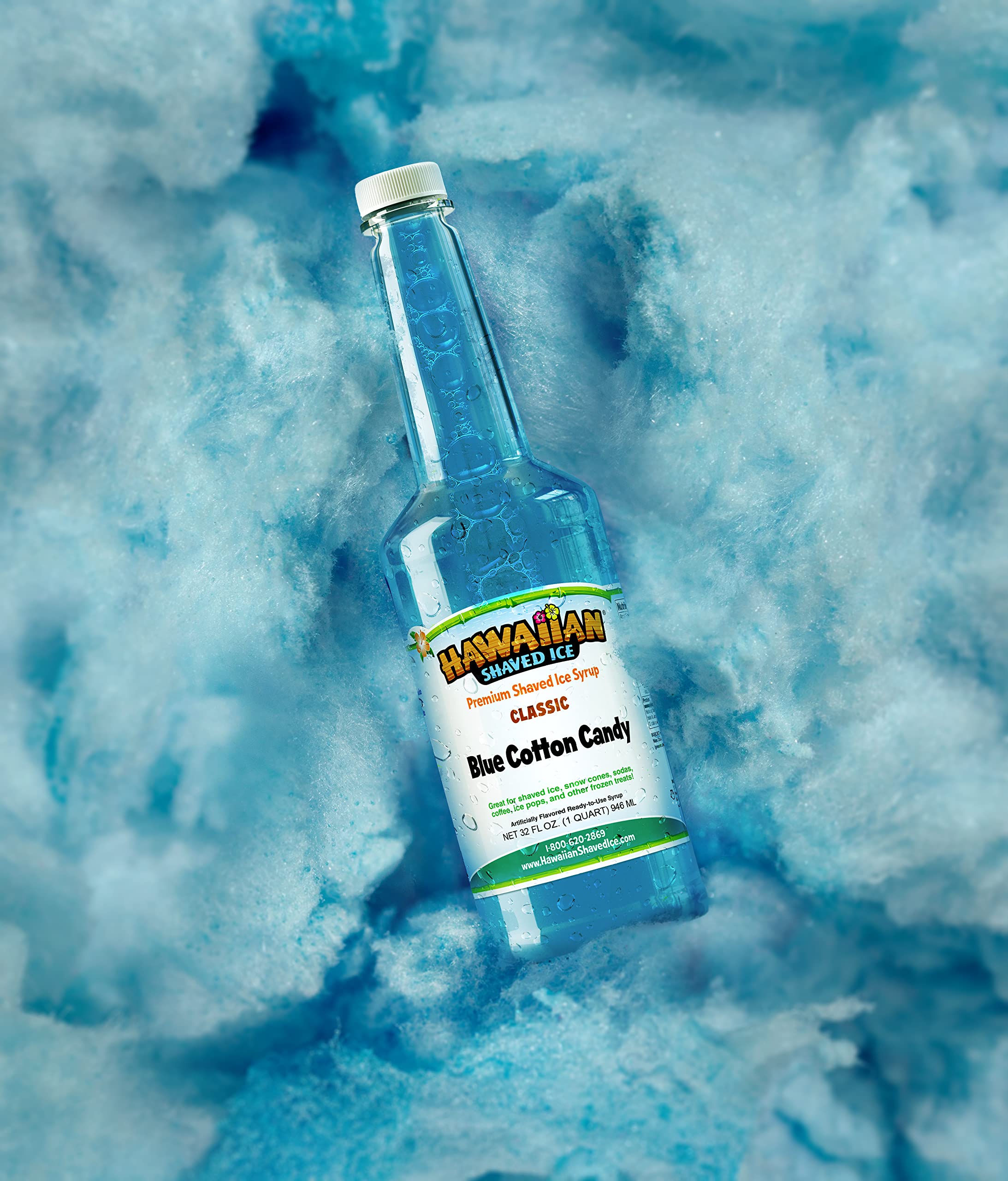 Hawaiian Shaved Ice Syrup Quart, Blue Cotton Candy, Use for Slushies, Italian Soda, Popsicles, & More, No Refrigeration Needed, Contains No Nuts, Soy, Wheat, Dairy, Starch, Flour, or Egg Products