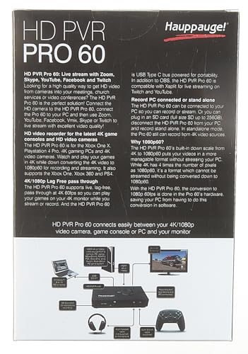 HAUPPAUGE HD PVR Pro 60 HD 4K in/Out 1080P 60fps Capture and Streaming PC Connected and Stand Alone for Zoom Skype YouTube Live and Twitch 1684