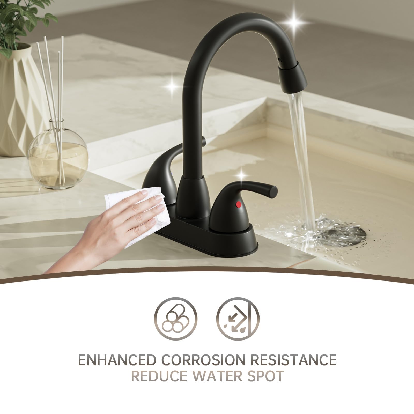 Phiestina Pull Down Sprayer Matte Black Bathroom Faucet,4 Inch Centerset 2 Handle Pull Out Bathroom Sink Faucet with 360 Swivel Spout,Metal Pop-Up Drain and Water Supply Lines,BF04007-B11-MB