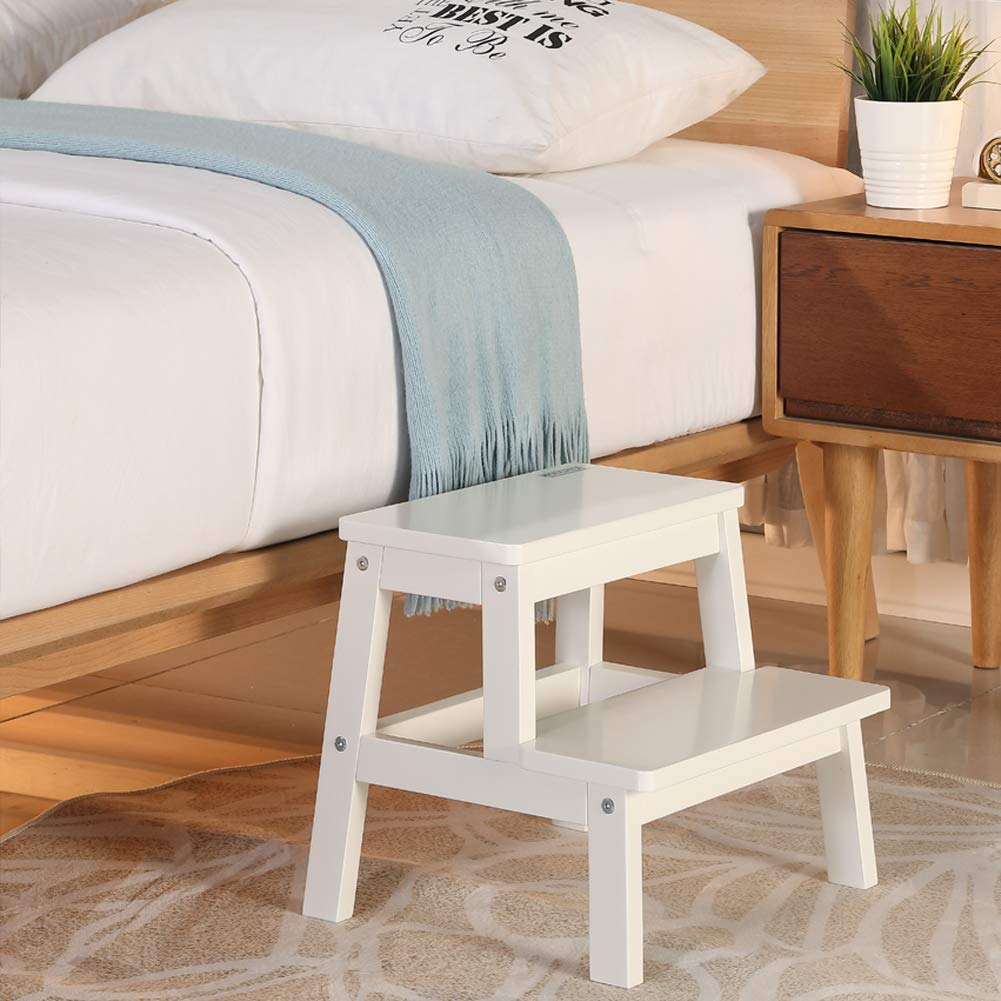 HOUCHICS Wooden Step Stool for Adults Kids, Solid Wood Bed Step Stool, Multi-Purpose 2-Step Stool for Kitchen, Bed, Bathroom with 260lb Load Capacity