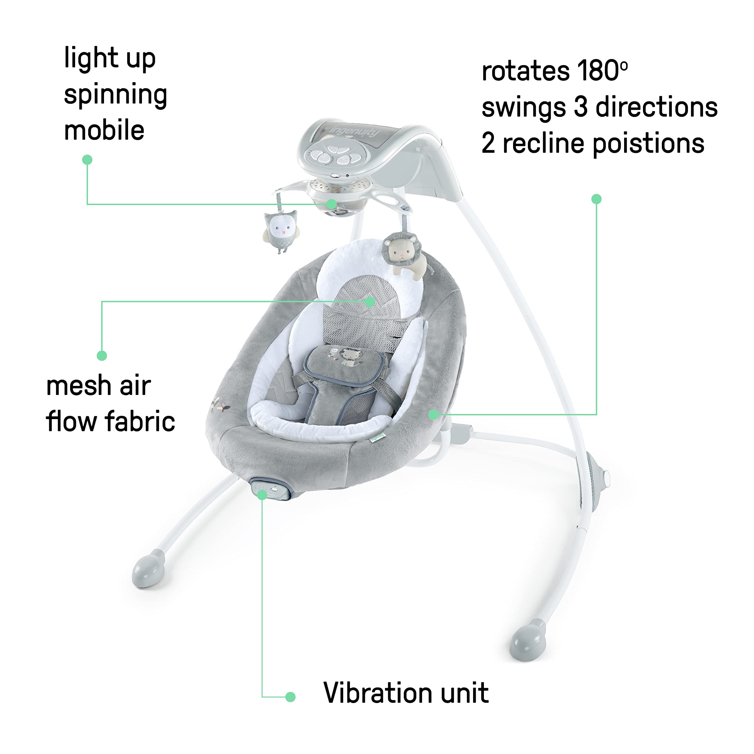 Ingenuity InLighten 6-Speed Foldable Baby Swing with Light Up Mobile, Swivel Infant Seat and Nature Sounds, 0-9 Months Up to 20 lbs (Twinkle Tails Bunny)