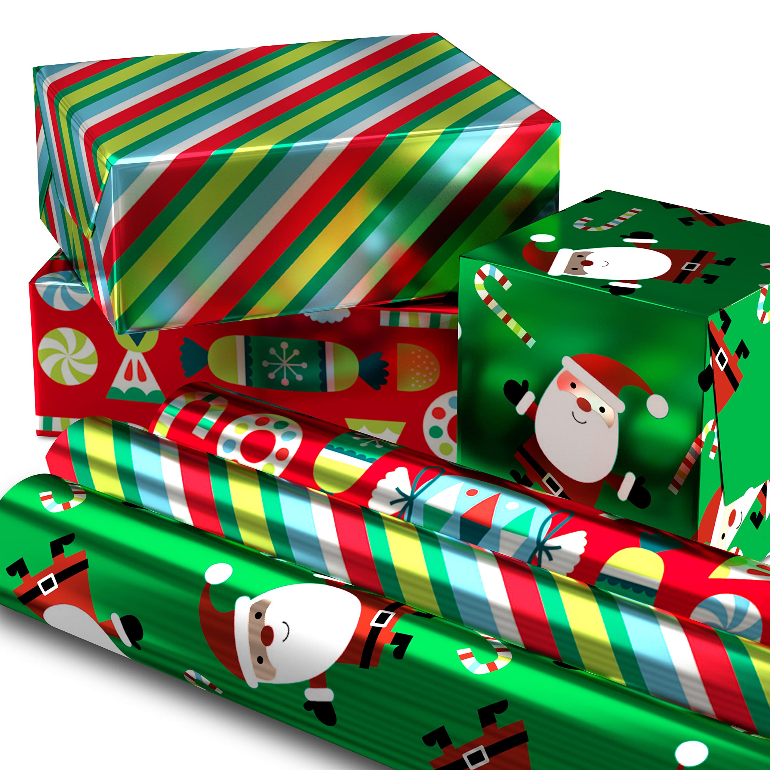 Hallmark Foil Christmas Wrapping Paper with Cut Lines on Reverse (3 Rolls: 60 sq. ft. ttl) Cute Santa, Colorful Candy Canes, Blue, Green, Red Stripes