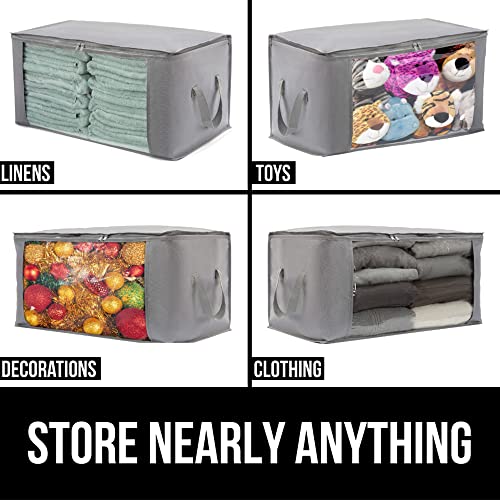 Gorilla Grip Large Capacity 2 Pack Clothes Storage Bag Organizer, 90L, Reinforced Handles, Thick Fabric for Blankets, Bedding, Clothing, Foldable Zipper Container Bags, Clear Window Closet Totes, Gray