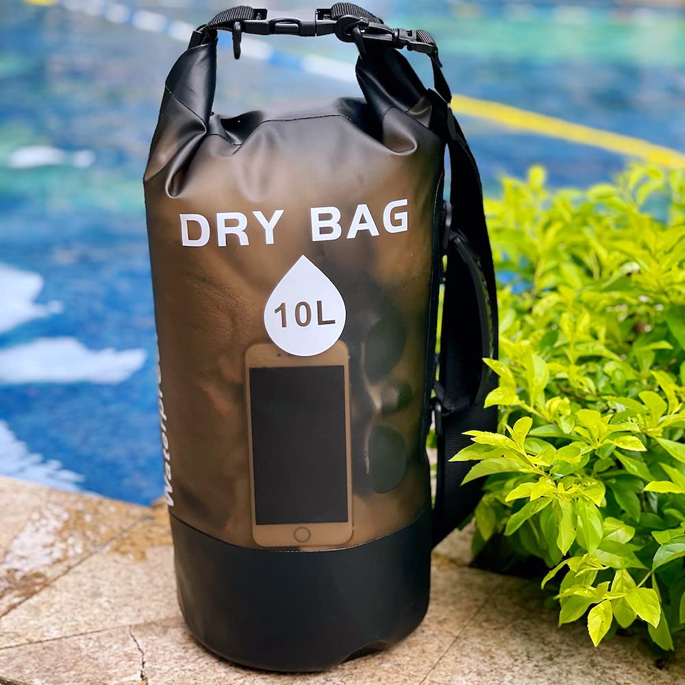 JSL HOME Waterproof Backpack Dry Bags Translucent Perfect for Boating Kayaking Hiking Canoeing Fishing Swimming Camping Snowboarding Adjustable Shoulder Strap (Black, 10L)