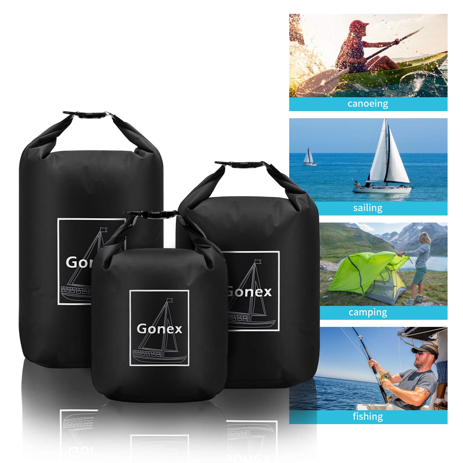 Gonex 4L+8L+12L Waterproof Dry Bag Floating Roll-Top Compression Dry Sack Stuff Sack Storage Bags for Kayaking Boating Canoeing Swimming Water Sports with a Phone Pouch & Shoulder Strap Black