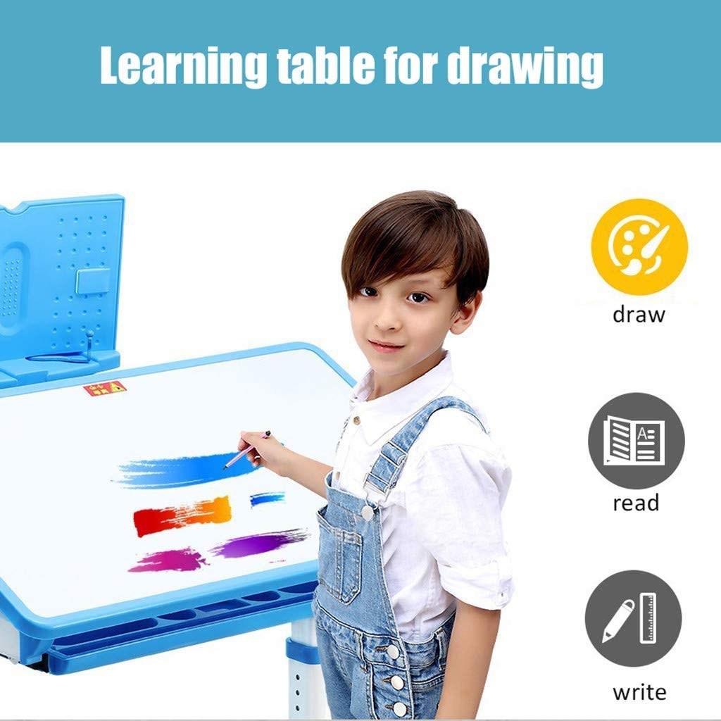 Kids Desk, Children Height Adjustable Study Desk and Chair Set, Children Home Study Table Students Writing Desk with Lamp, Drawer, Bookstand, Pencil Case, Bookstand, Blue