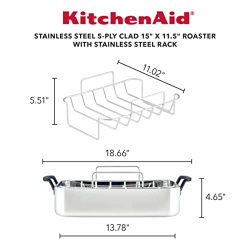 KitchenAid 5-Ply Clad Roasting Pan/Roaster with Removable Rack, 15 Inch x 11.5 Inch, Polished Stainless Steel