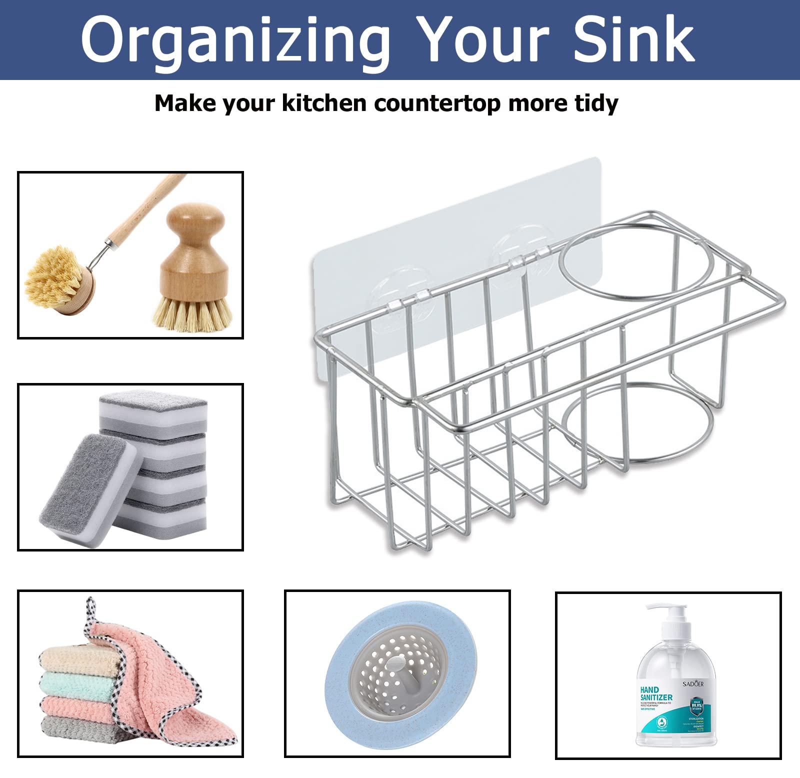 LANIPHIA 3-in-1 Sponge Holder for Kitchen Sink, Stainless Steel Adhesive Sink Caddy, Kitchen Sink Caddy Organizer for Sponge, Brush and Sink Stopper