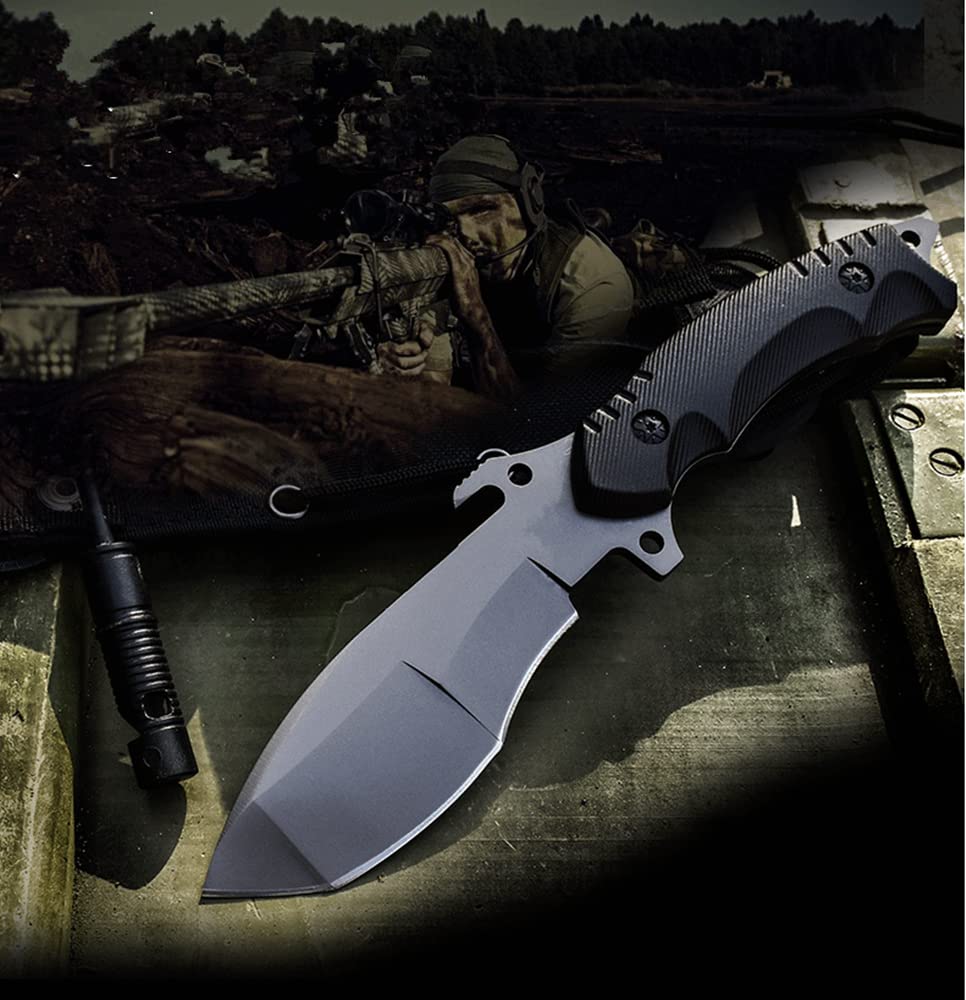 HOLYEDGE Outdoor Survival Tactical Gear Fixed Blade Knife G10 Handle 9.8-inch Wilderness Essential Hunting Camping Knives with Cowhide Sheath