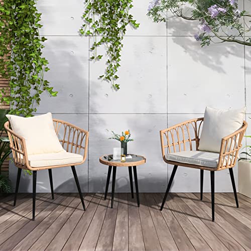 SoarFlash 3 Pieces Outdoor Wicker Bistro Set Rattan Conversation Set with Coffee Table, Patio Chair Set for Lawn, Garden,Backyard, Beige