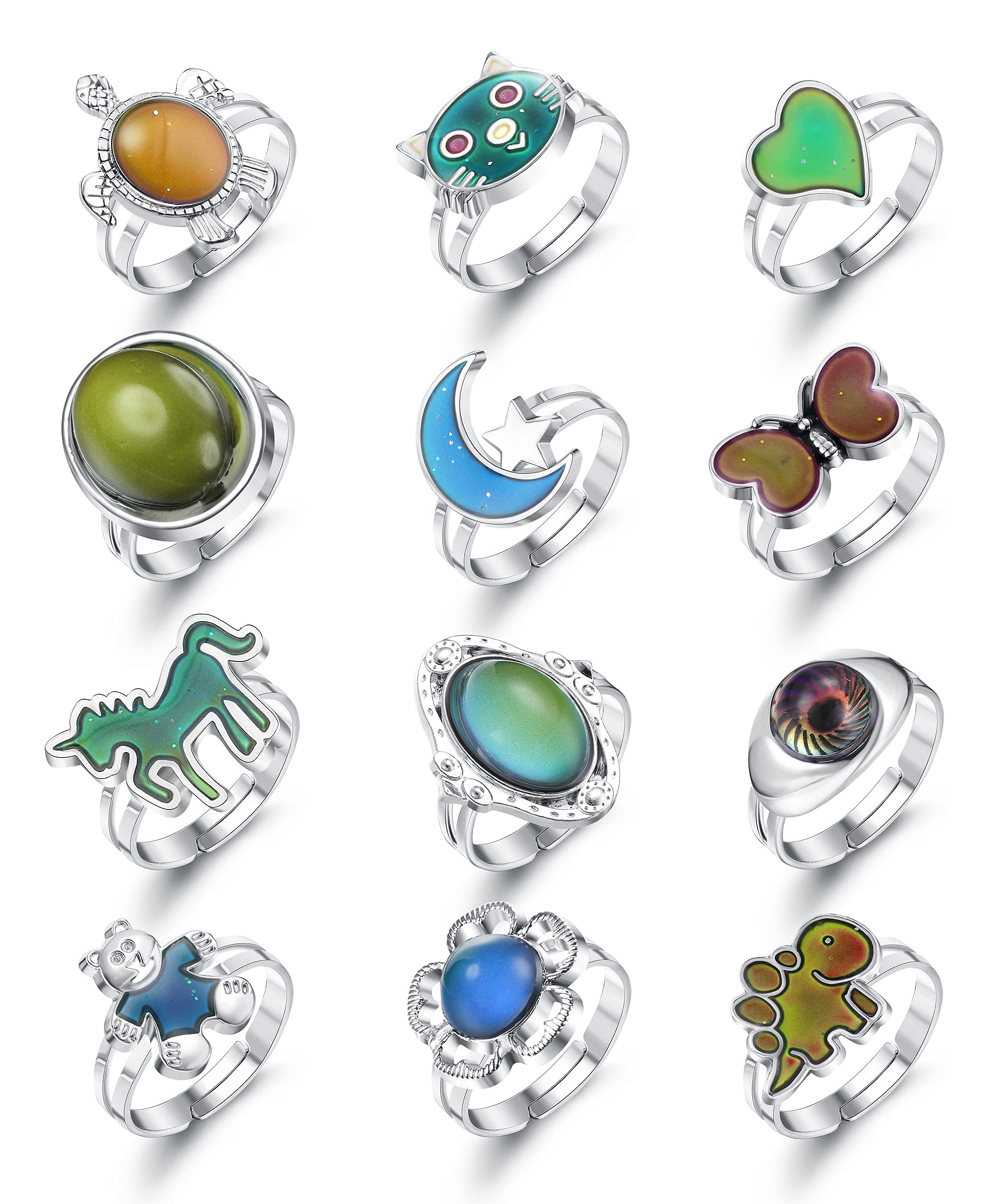 Jstyle 12Pcs Adjustable Mood Rings for Women Mixed Color Changing Mood Rings Temperature Finger Ring for Halloween