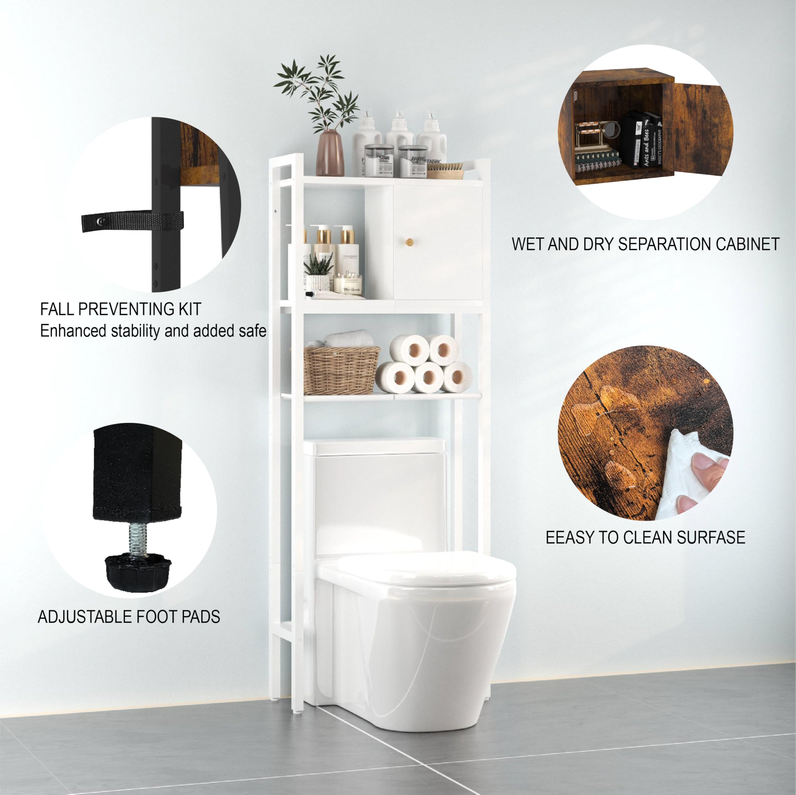 Over The Toilet Storage, 3 Tier Bathroom Organizer, Storage for Free Standing Wood Cabinet, Multifunctional Above Toilet Storage,White