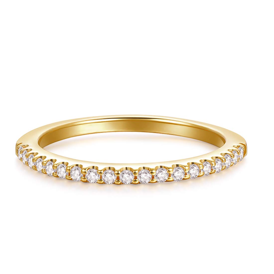 HAFEEZ CENTER 1.5mm Yellow Gold Plated Petite Half Eternity Moissanite Wedding Band Rings for Women (7.5)
