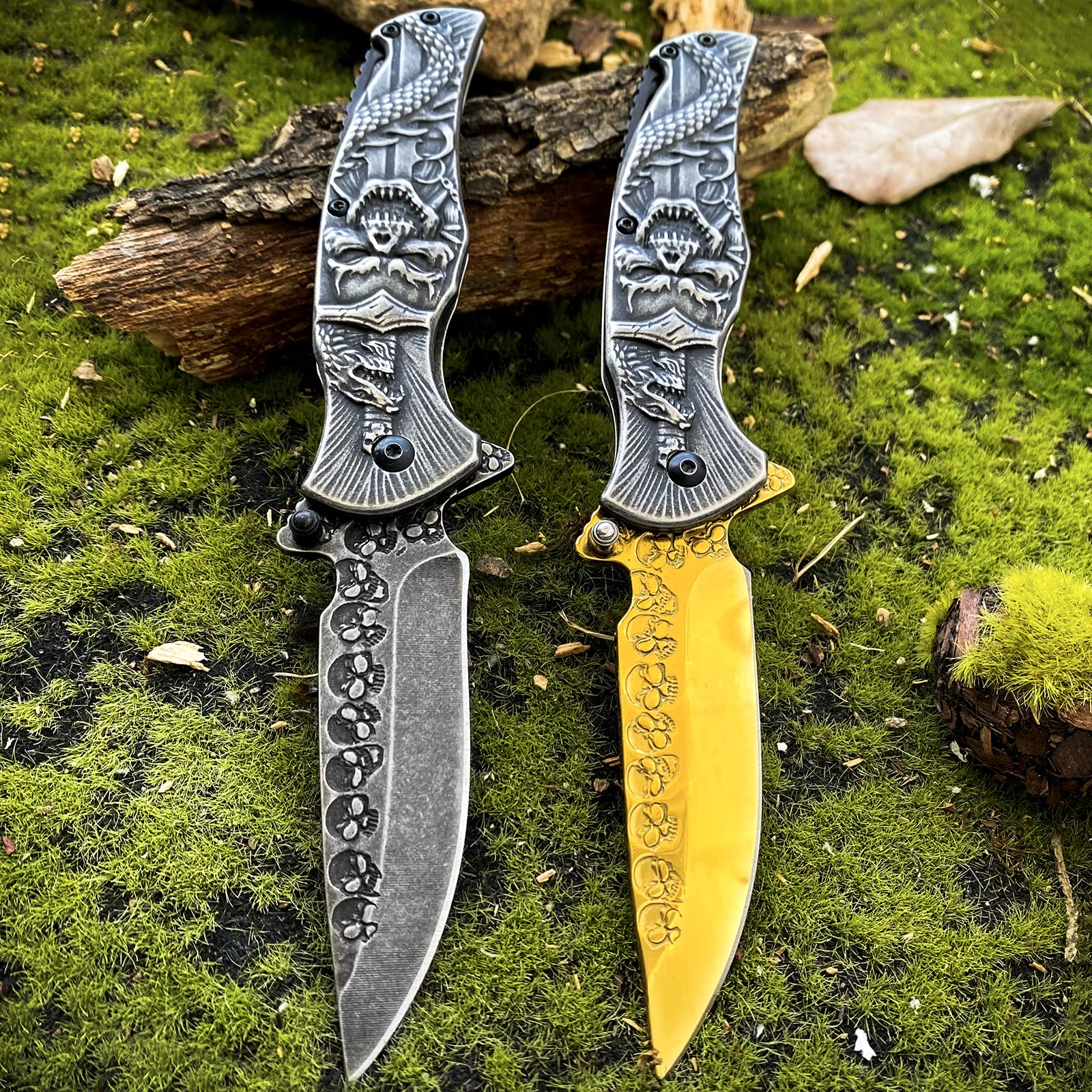 HOLYEDGE 7.8-in Tactical Folding Pocket Knife with 3.3-in Gold Mirror Blade, 3D Skull Handle, with Pocket Clip, Liner Lock and Auxiliary Opening for Outdoor Camping Survival Knives
