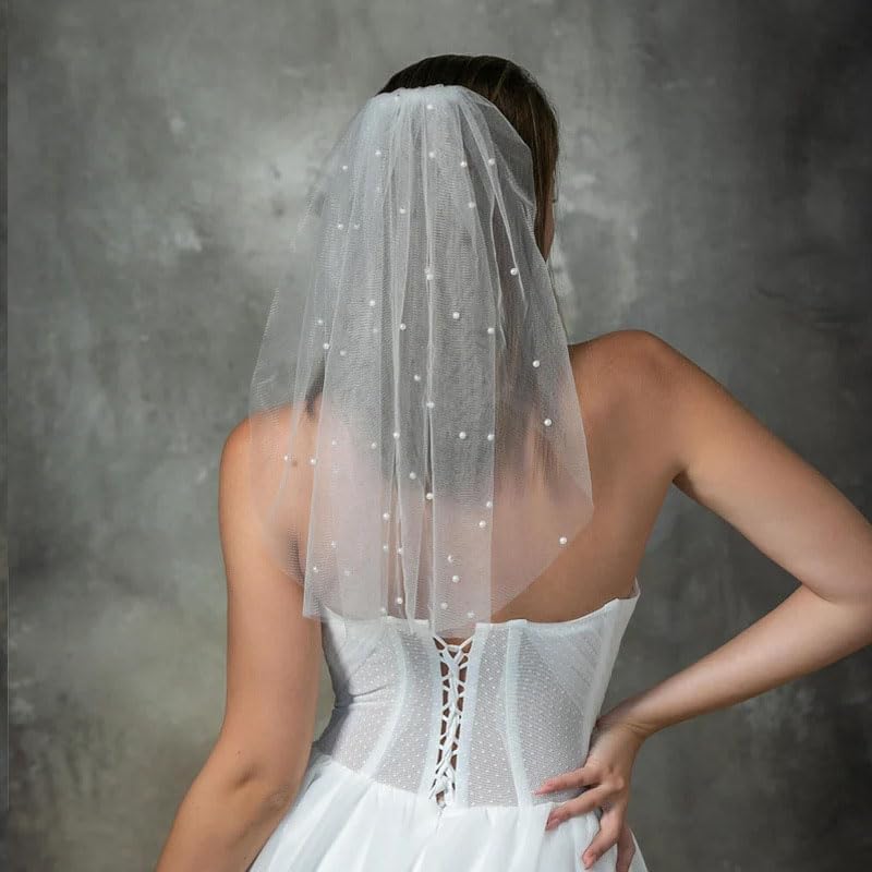 LUXCASTLE White Pearl Bride Veil Short Wedding Veil Bridal Veils Bachelorette Party Veil for Women and Brides