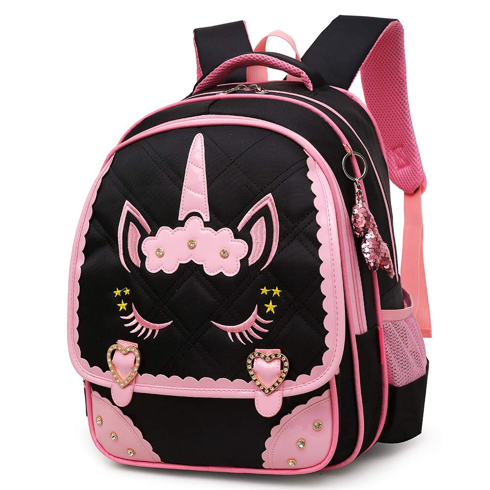 Hasp Cute Unicorn Face Diamond Sequins Waterproof Princess School Backpack Girls Book Bag (Black)