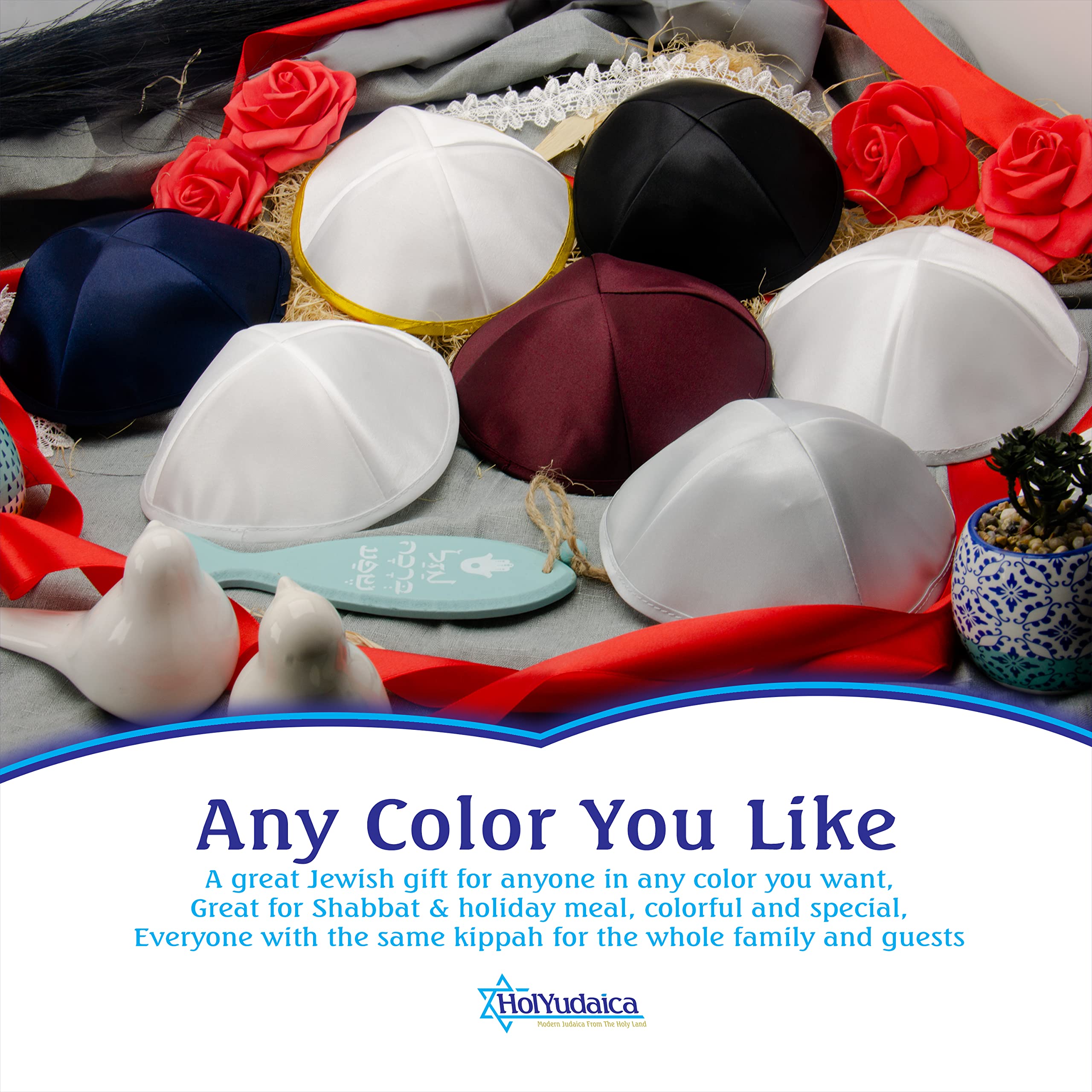 HolYudaica Pack of 5-Pcs - Hq 18/19/20CM Satin/Linen Kippah for Men & Boys, Yamaka Hat Designed in Israel - Kippot Bulk (Black, Satin)