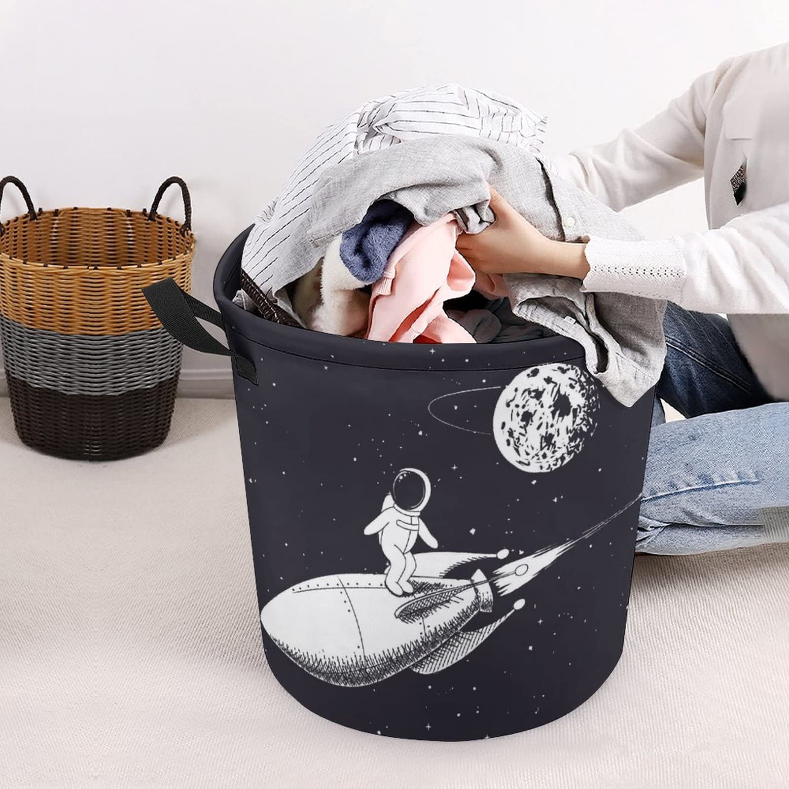 HoaMoya Collapsible Astronauts Fly Rocks from The Moon Laundry Hamper Nursery Hamper Large Waterproof Baby Clothes Toy Storage Basket Bin for Kids Boys Girls Bedroom Bathroom