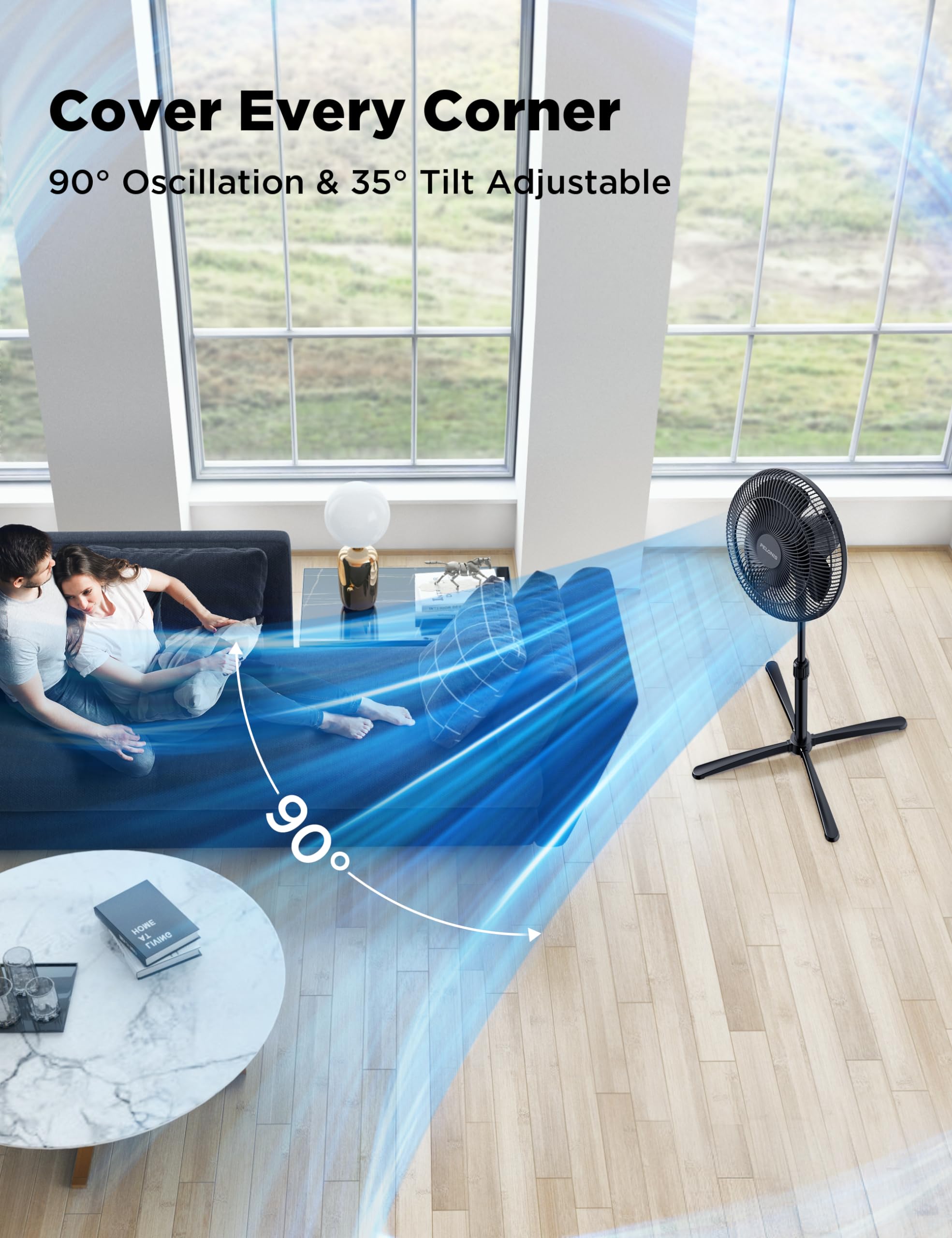 PELONIS 16ββ Pedestal Stand Up Oscillating Fan with 3 Speeds Settings Ultra Quiet Adjustable Heights for Bedroom, Living Room, Home and Office 2 Packs Black