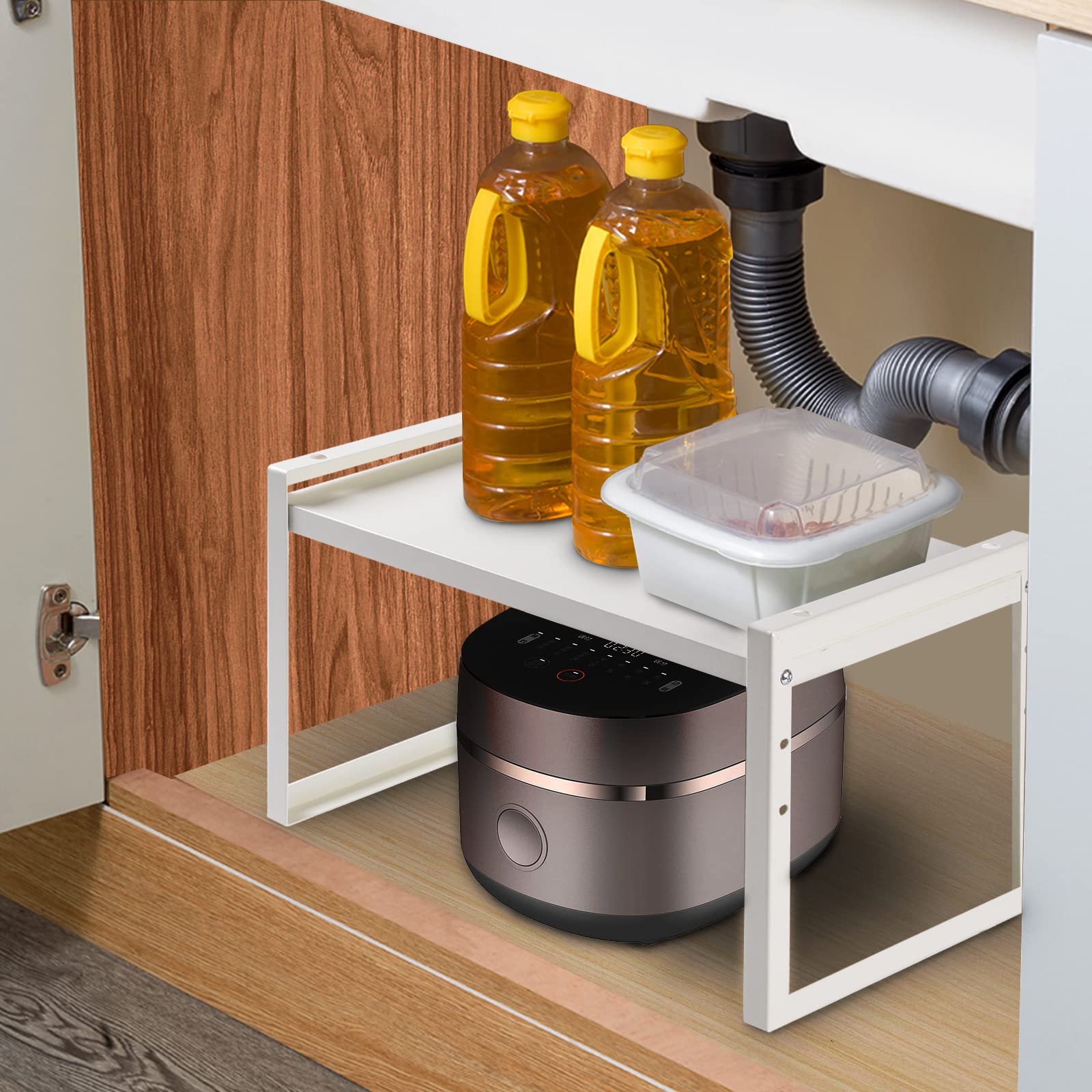 lonpute Expandable Cabinet Shelf Organizers,Adjustable Height Cabinet Cupboard, Kitchen Counter Shelves, Stackable, Expandable, Metal(White - 2 Tier)