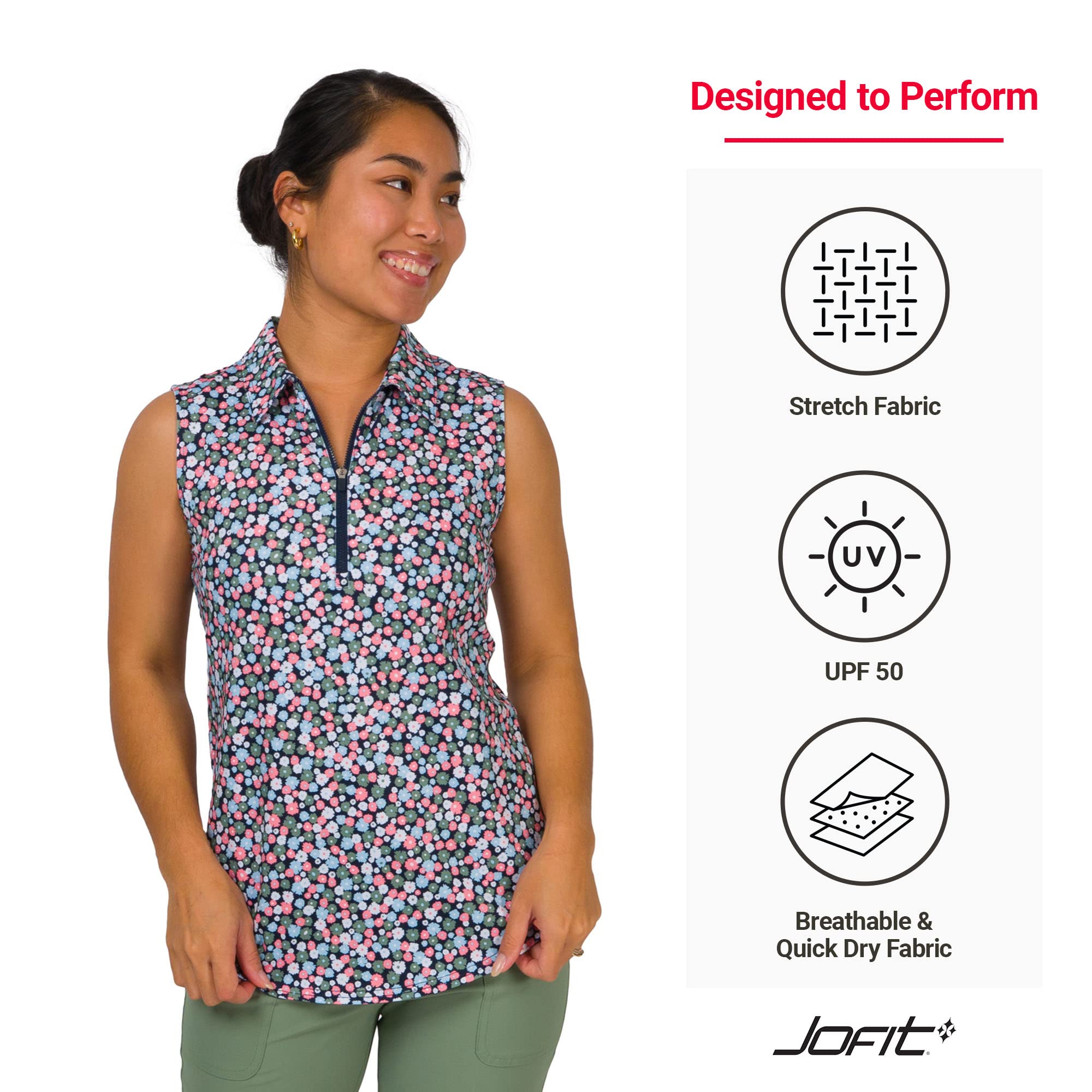 Jofit Apparel Women's Athletic Clothing Sleeveless Polo for Golf & Tennis, Size X-Large, Ditsy Floral Print
