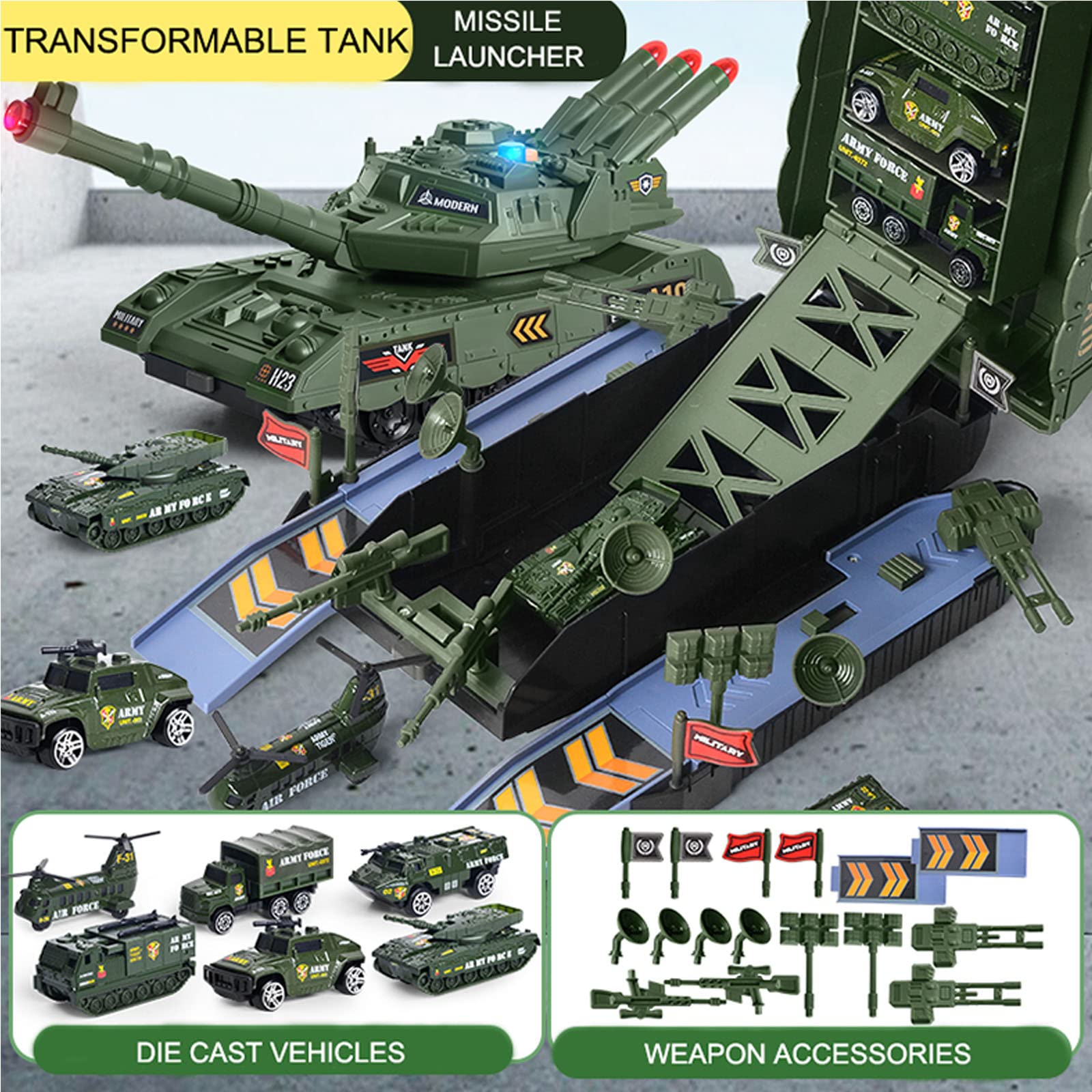 Military Toy Tank Set for Kids, Military Transport Tank and 6PCS Army Vehicles