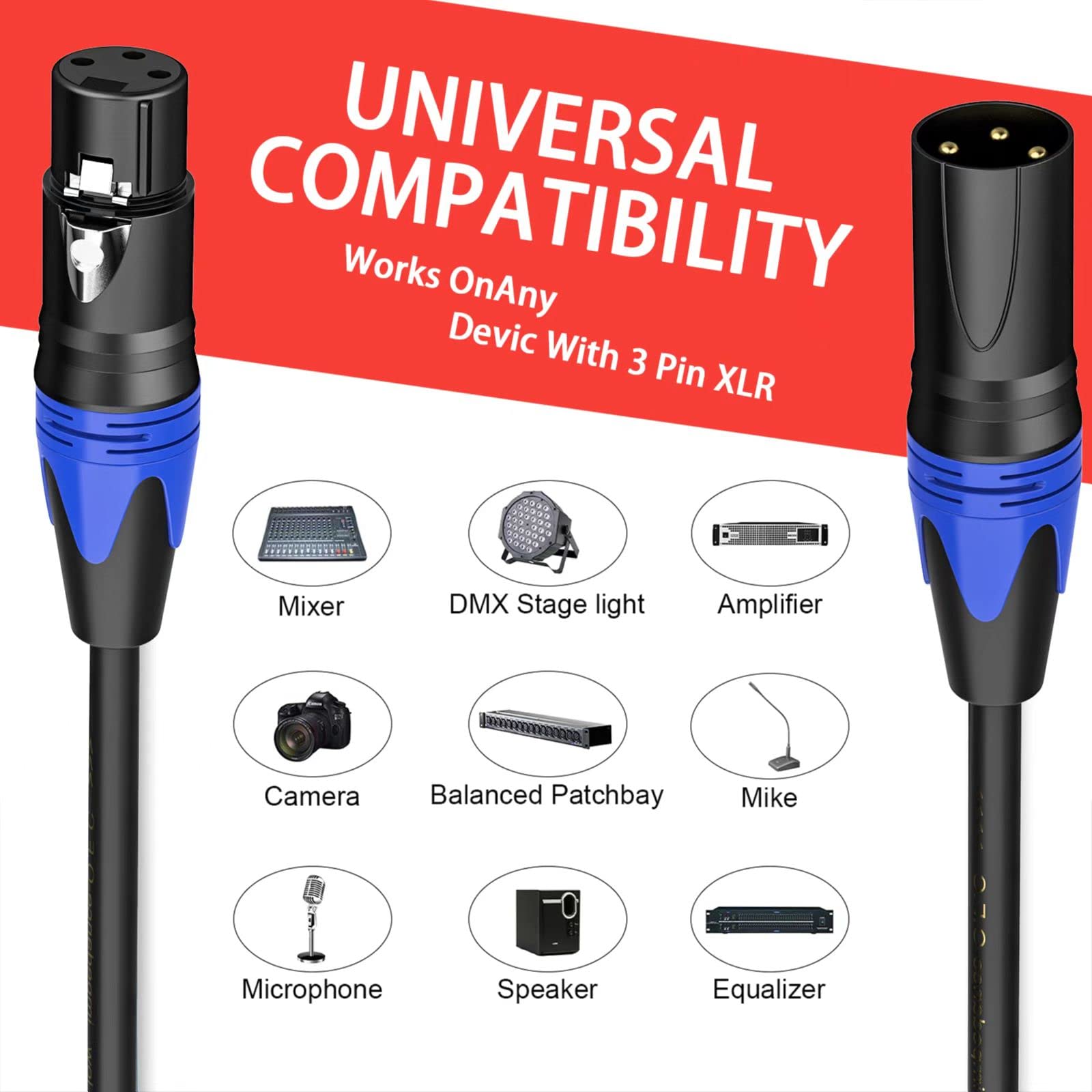 koneboss XLR Cables 3ft 6Pack Gold Plated XLR to XLR Cable 3 Pin XLR Microphone Cable Premium Balanced XLR Male to Female Patch Cords for Mic Mixer,Podcast, Studio