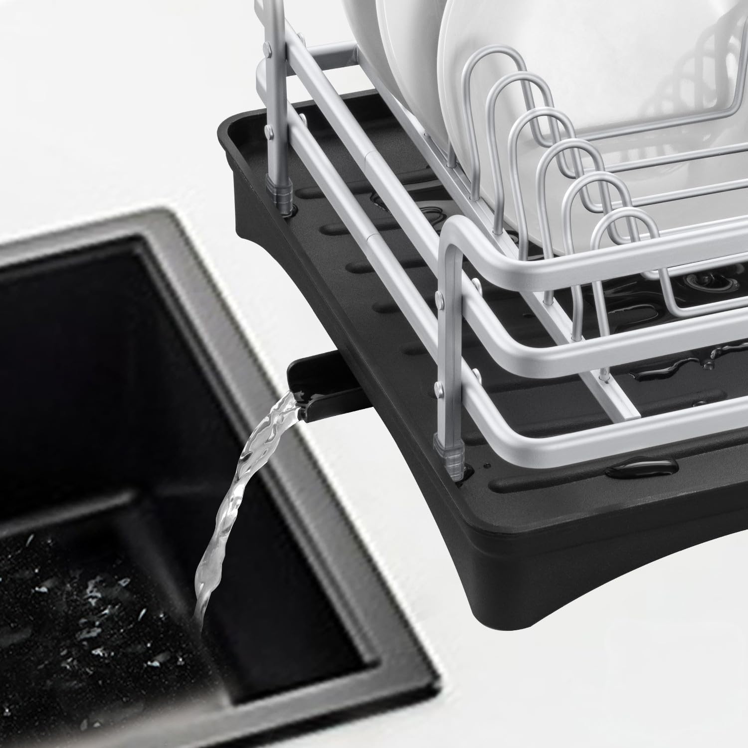 HBlife Dish Drying Mat with Utensil Holder, Removable Plastic Drainer Tray with Adjustable Swivel Spout