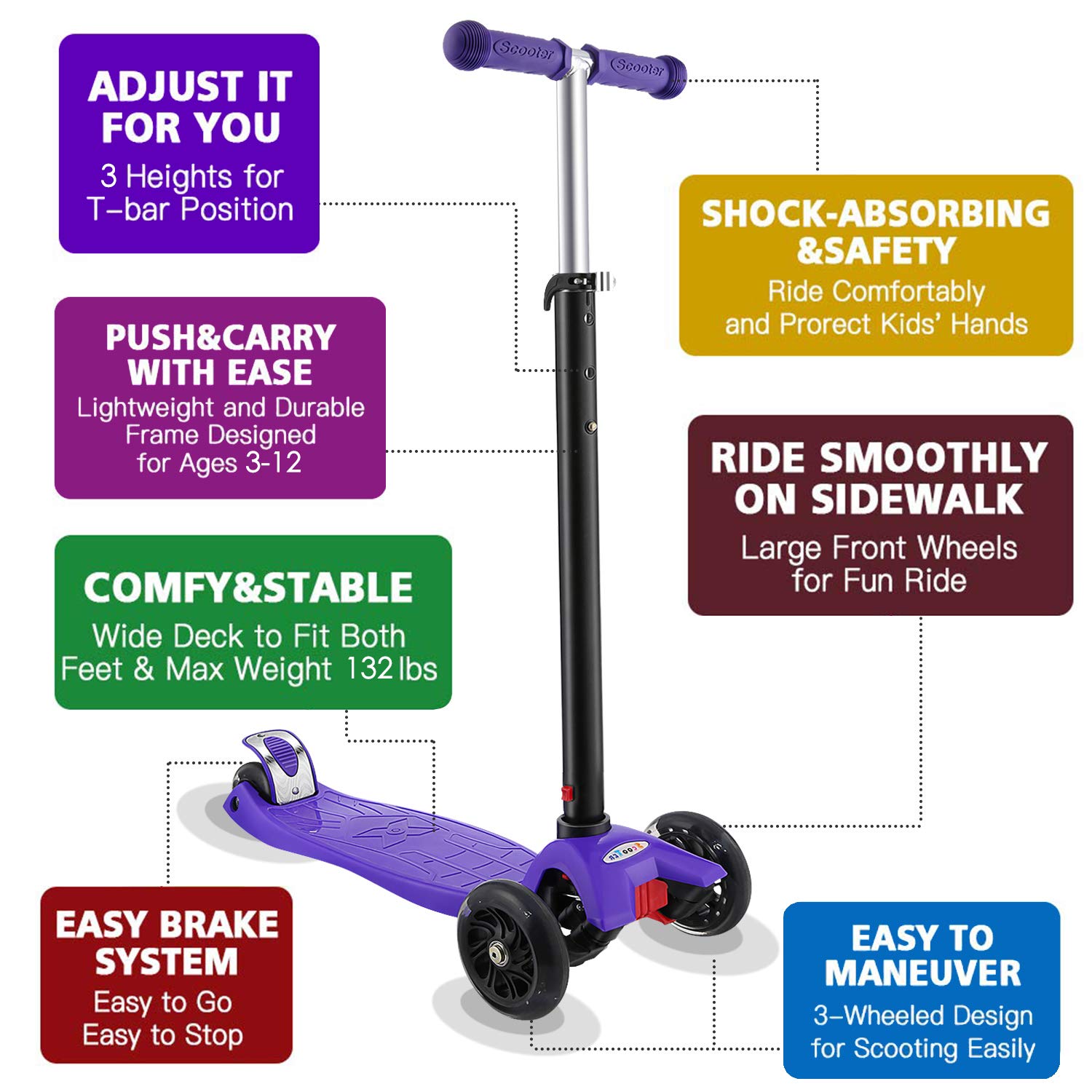 Hikole Scooter for Kids with 4 LED Wheels β Adjustable Height, Lean to Steer Design, 4 Wheels Kick Scooter for Girls & Boys 3-12 Years Old