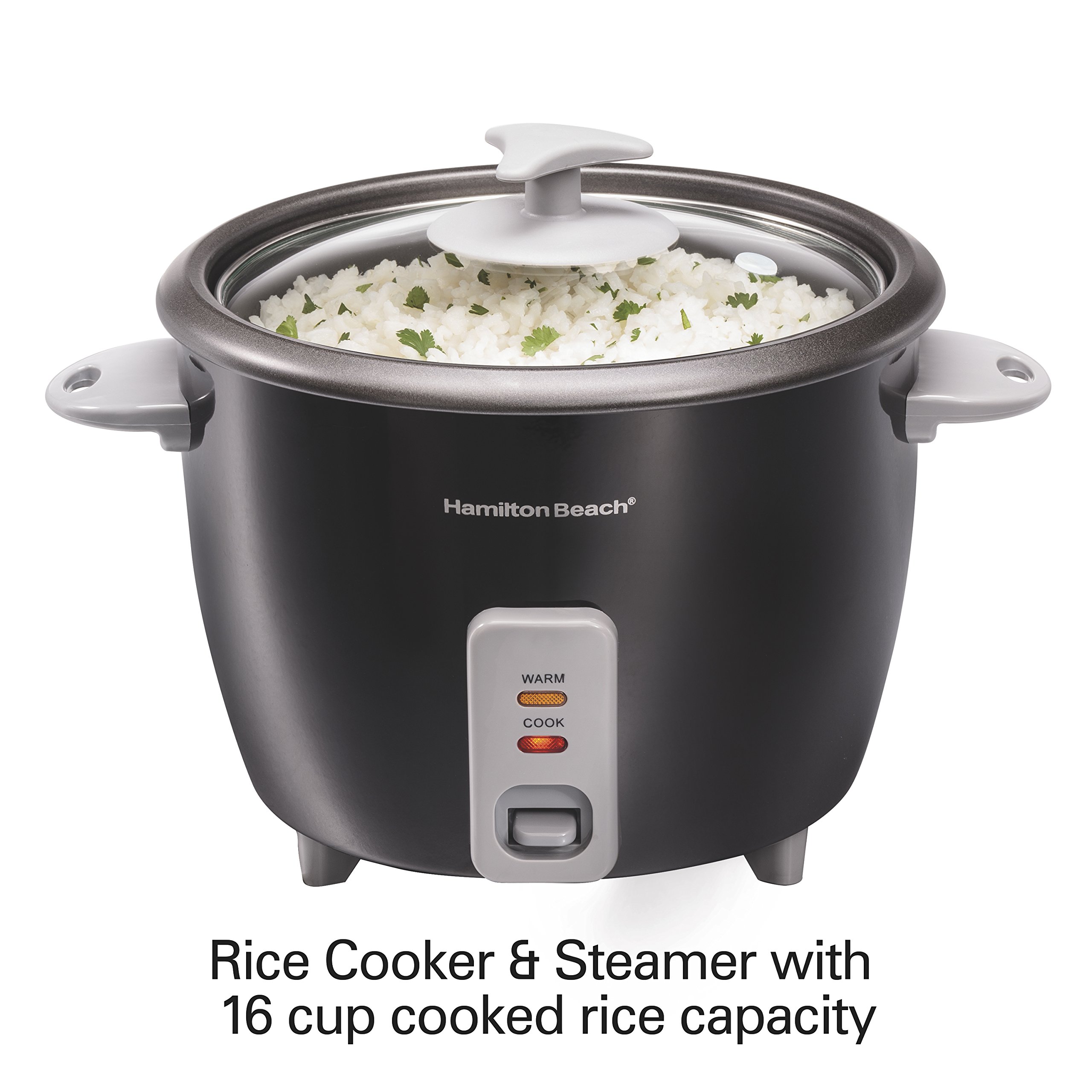 Hamilton Beach Rice Cooker & Food Steamer, 16 Cups Cooked (8 Uncooked), With Steam & Rinse Basket, Black (37517)