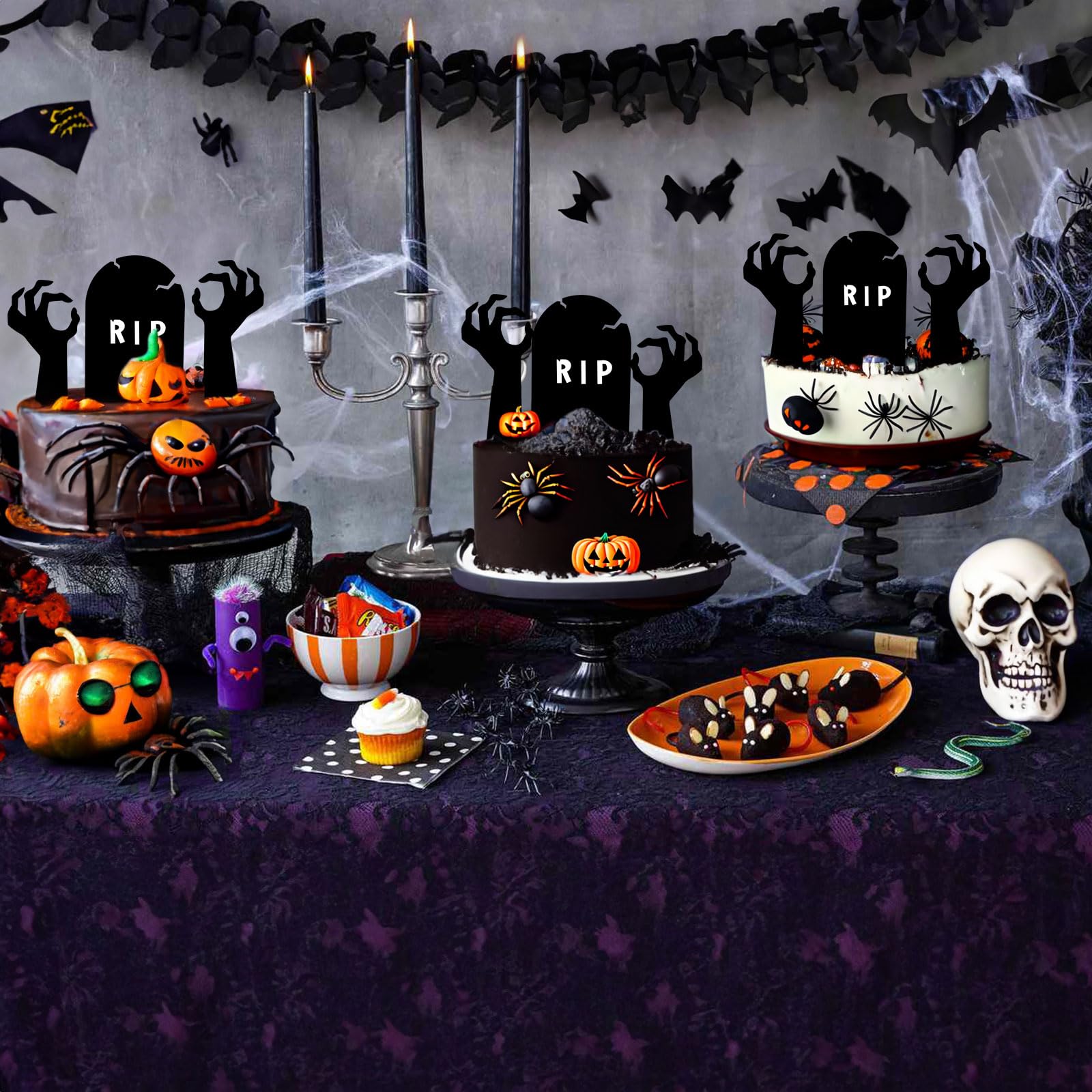 Halloween Cake Toppers Horror RIP Tombstone 3pcs Classic Black Ghost Hand Cake Toppers Halloween Cake For Creepy Theme DIY Birthday Wizard Spider Ghost Party Cake