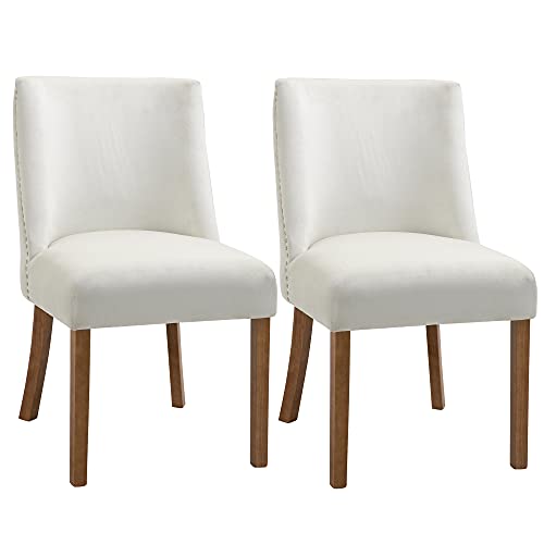 HOMCOM Modern Dining Chairs Set of 2 with High Back, Dining Room Chairs with Nailhead Trim, Upholstered Seats and Solid Wood Legs for Kitchen, Cream White